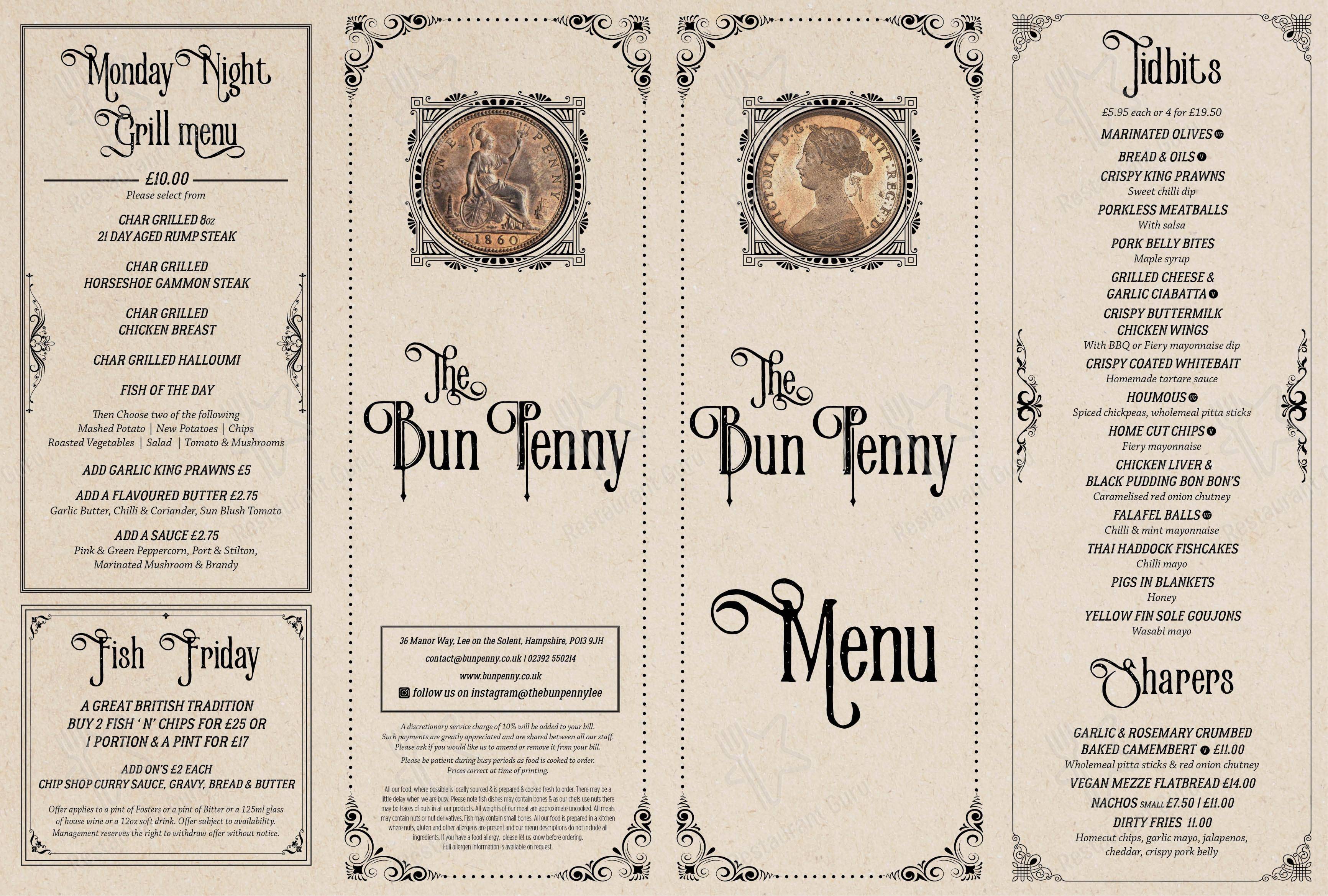 Menu at The Bun Penny pub & bar, Lee-on-the-Solent