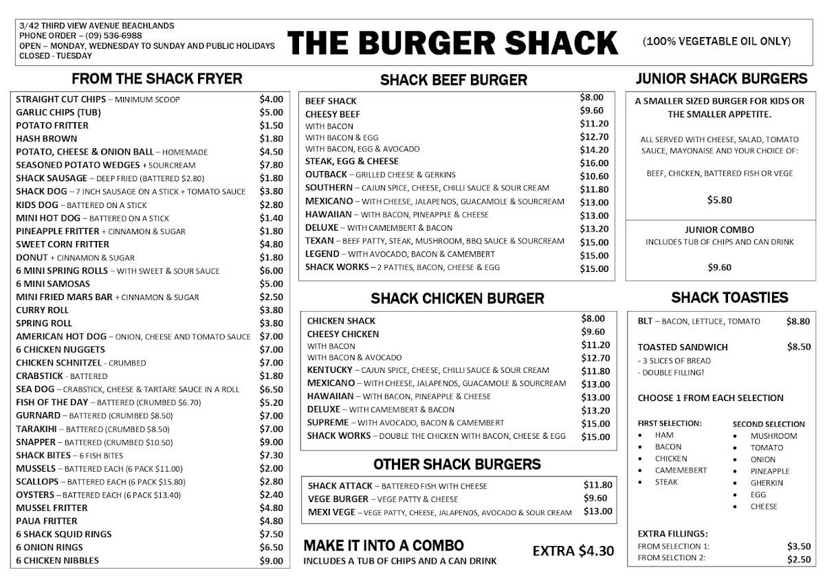 Menu at The Burger Shack restaurant, Auckland
