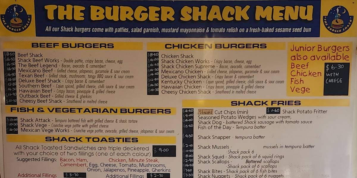Menu at The Burger Shack restaurant, New Zealand