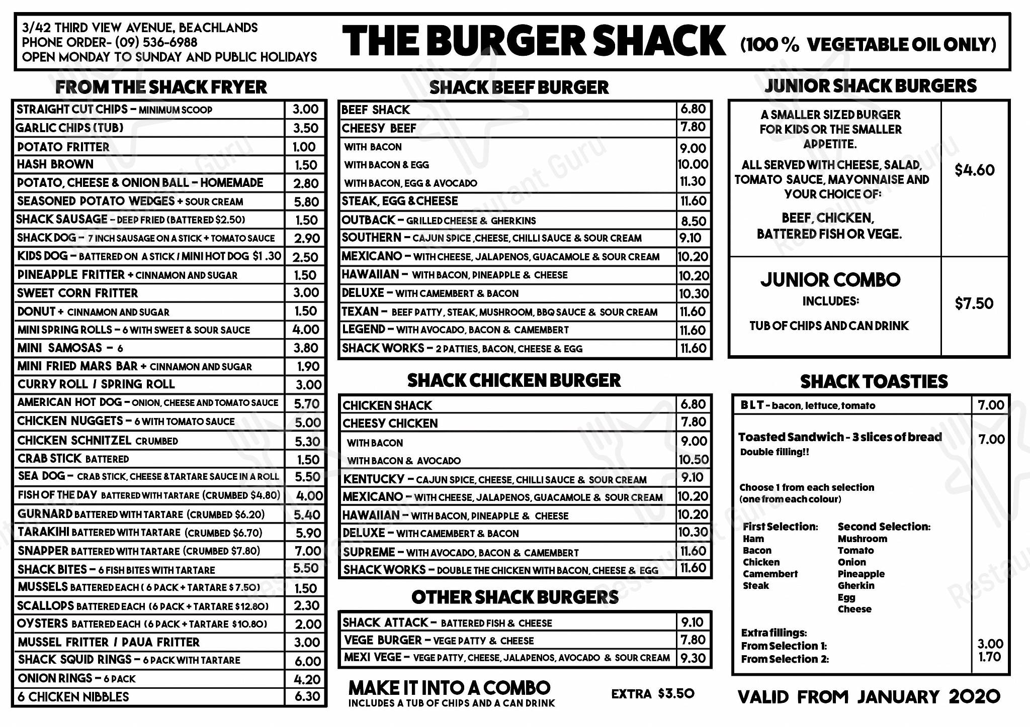 Menu at The Burger Shack restaurant, Auckland