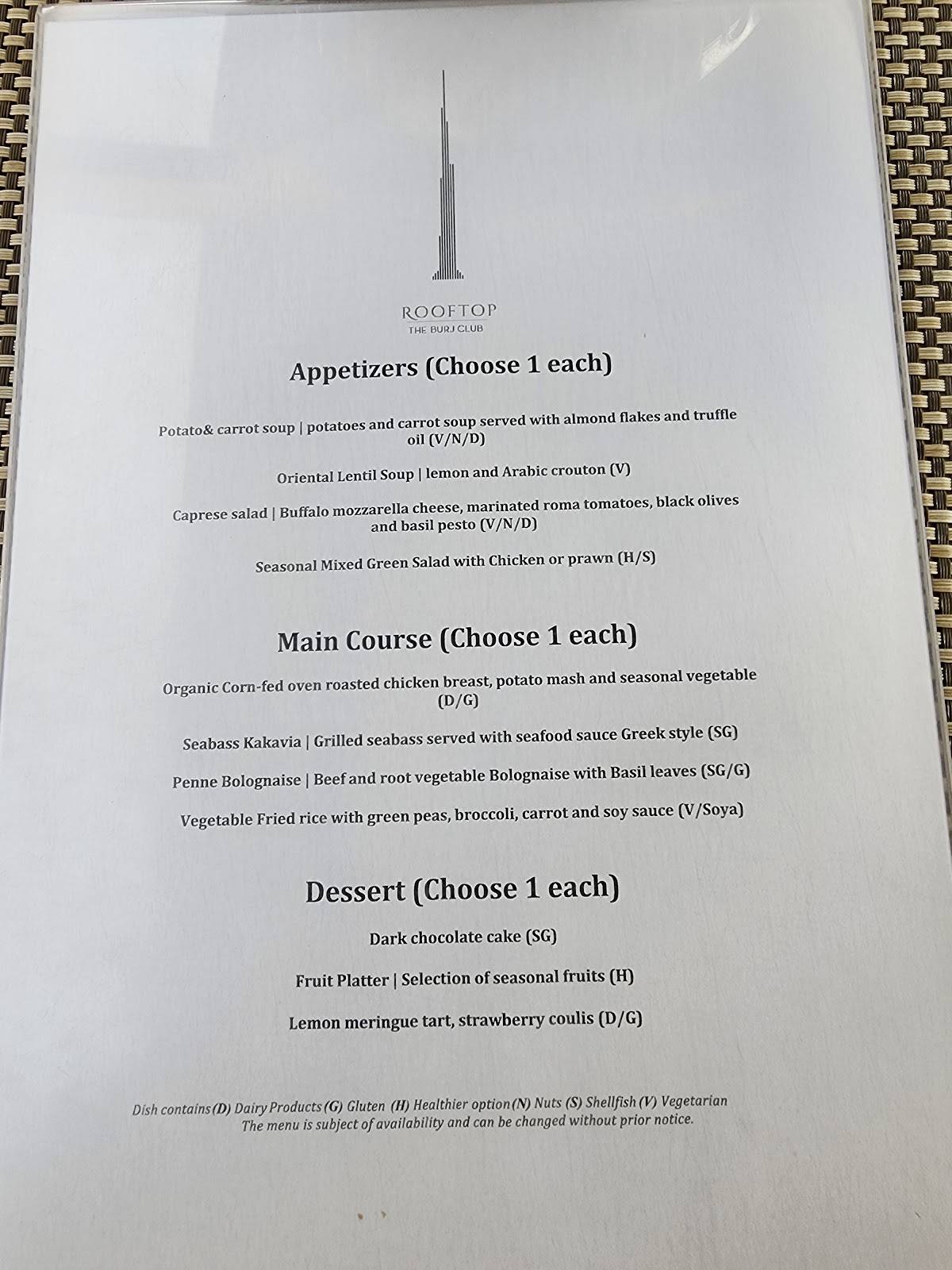 Menu at The Burj Club, Dubai