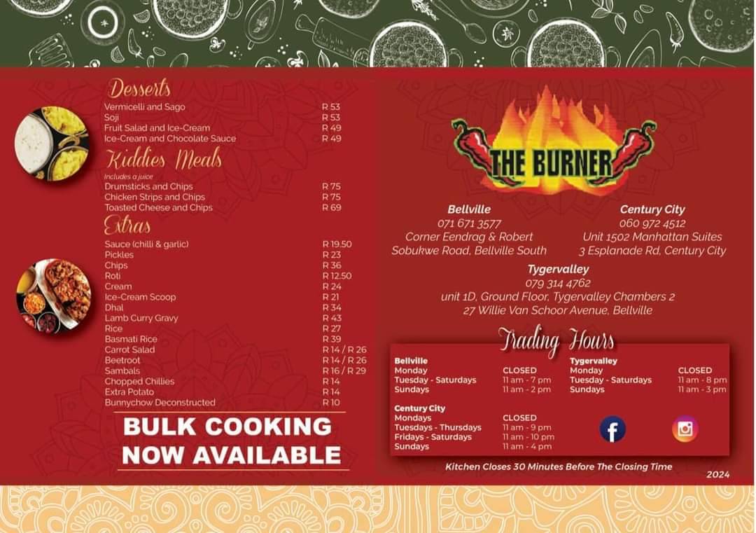 Menu at The Burner restaurant, Cape Town, 2 Eendrag St