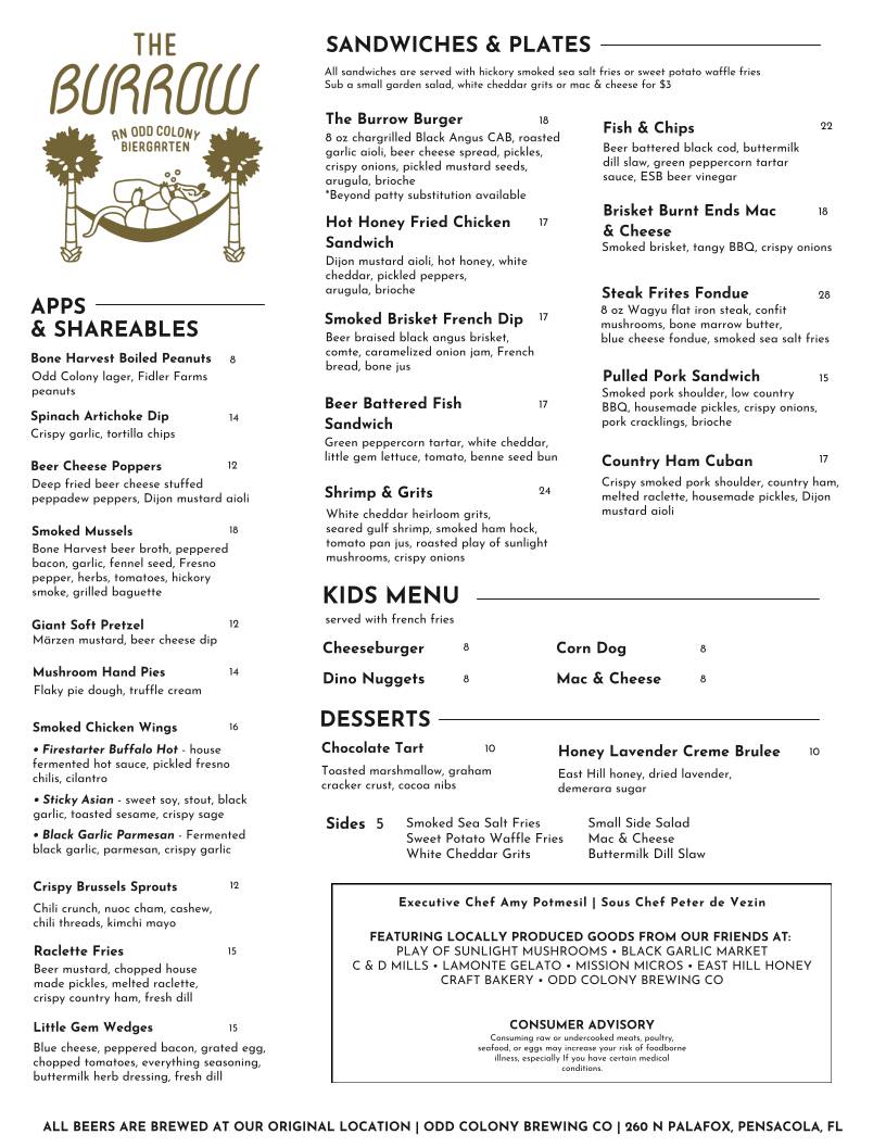 Menu at The Burrow pub & bar, Pensacola