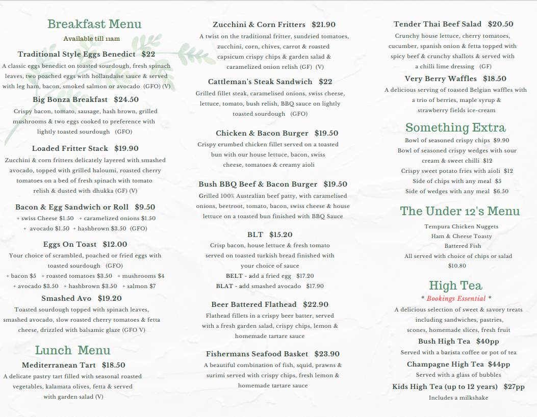 Menu at The Bush Pantry cafe, Capalaba