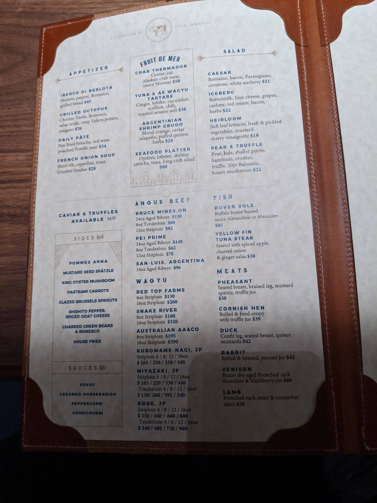 Menu at The Butcher Chef steakhouse, Toronto