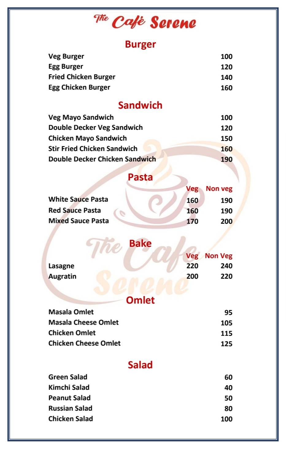 Menu at The Cafe Serene, Kolkata