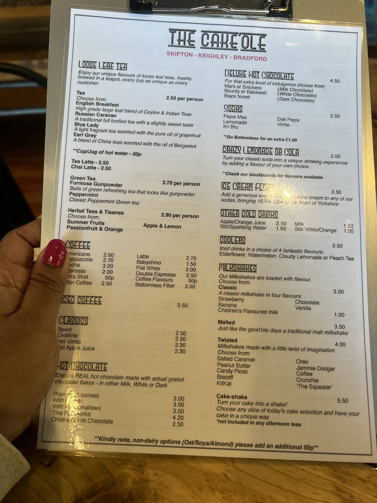 Menu at The Cake'ole Bradford cafe, Bradford