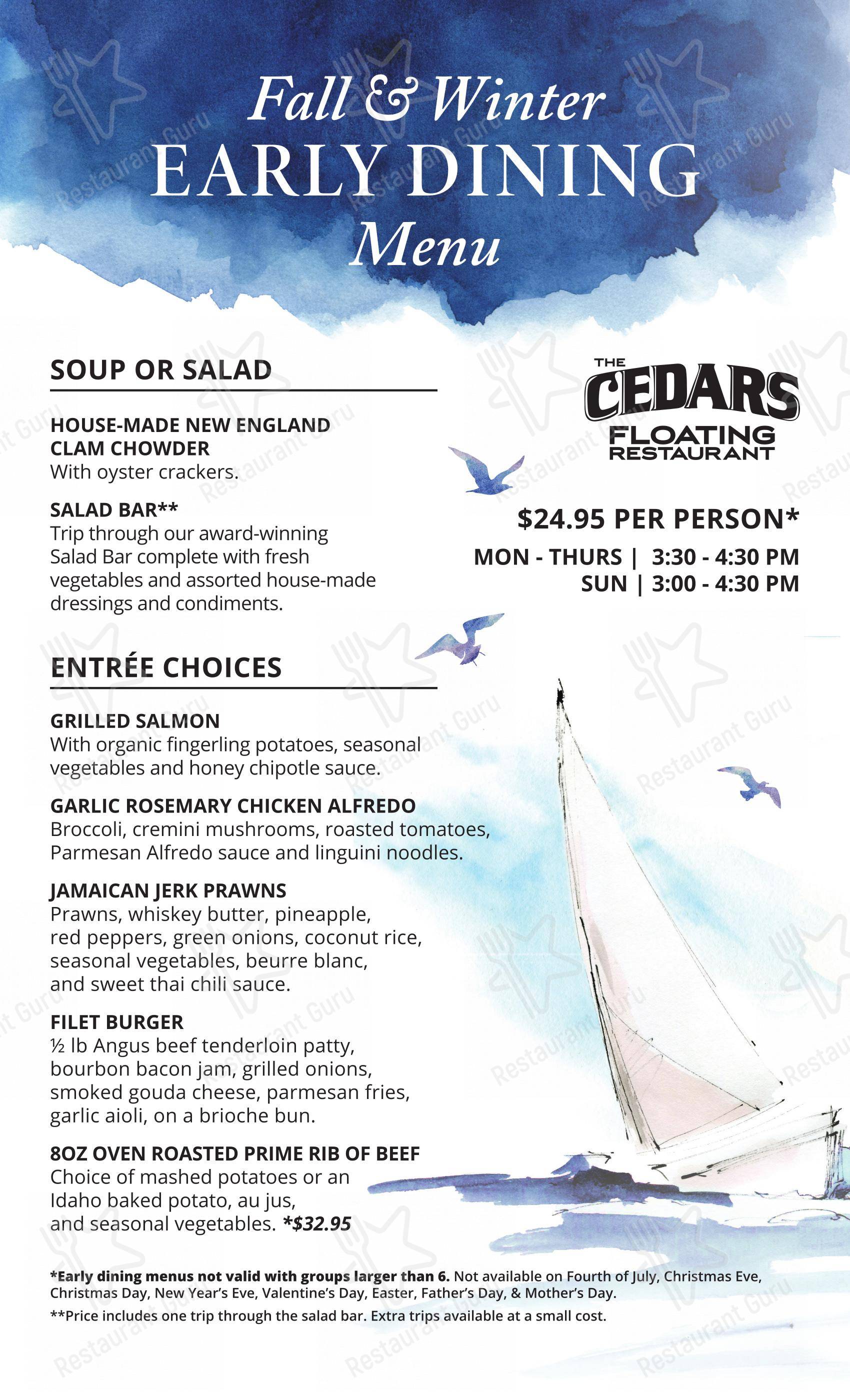 Menu at The Cedars Floating Restaurant, Coeur d'Alene