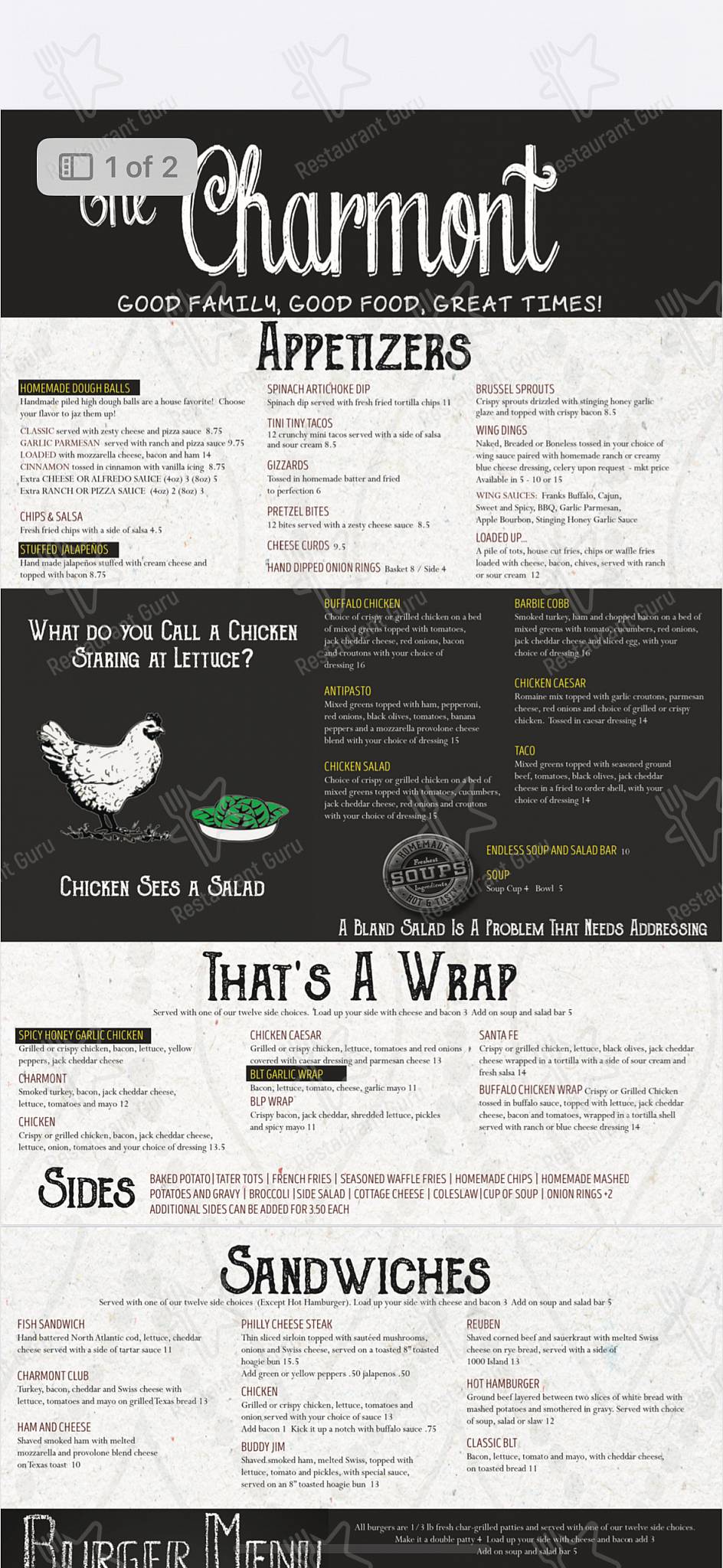 Menu at The Charmont restaurant, Cass City, Cass City Rd