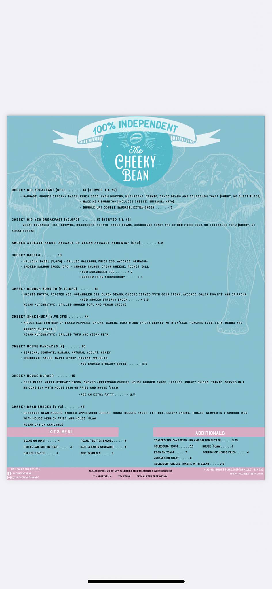 Menu at The Cheeky Bean cafe, Shepton Mallet