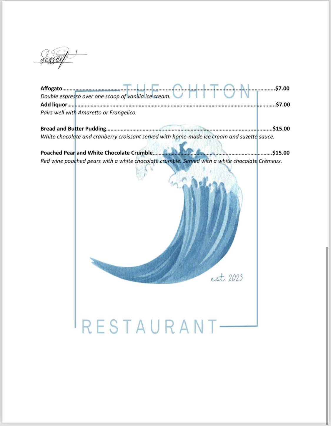 Menu at The Chiton Restaurant, Hayborough
