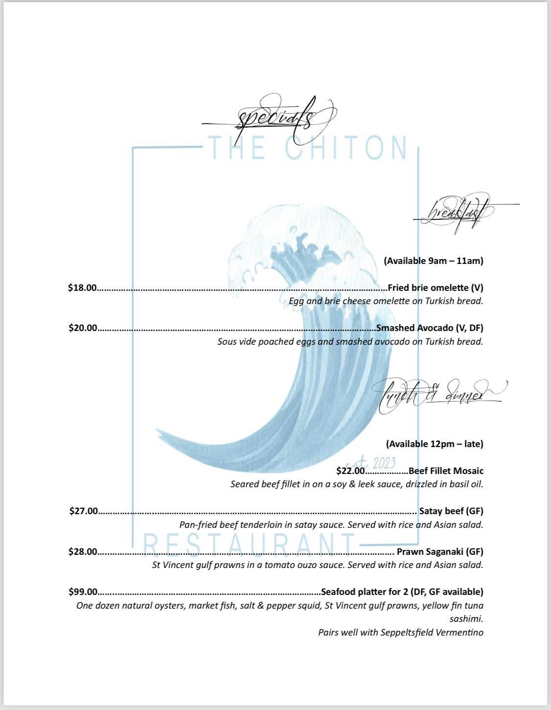 Menu at The Chiton Restaurant, Hayborough
