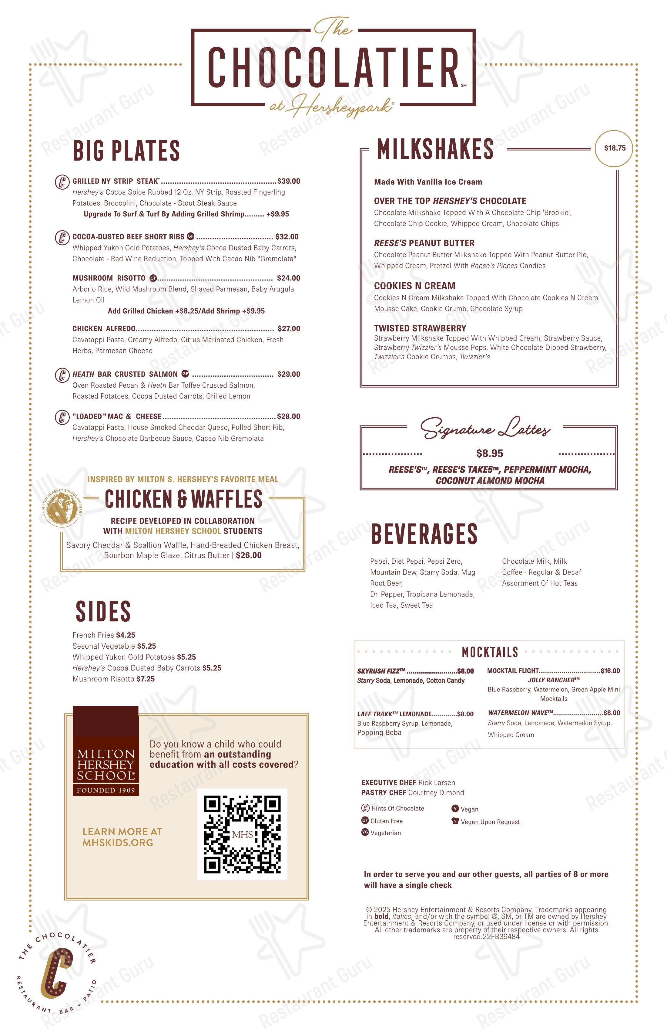 Menu at The Chocolatier pub & bar, Hershey, 100 Hersheypark Dr