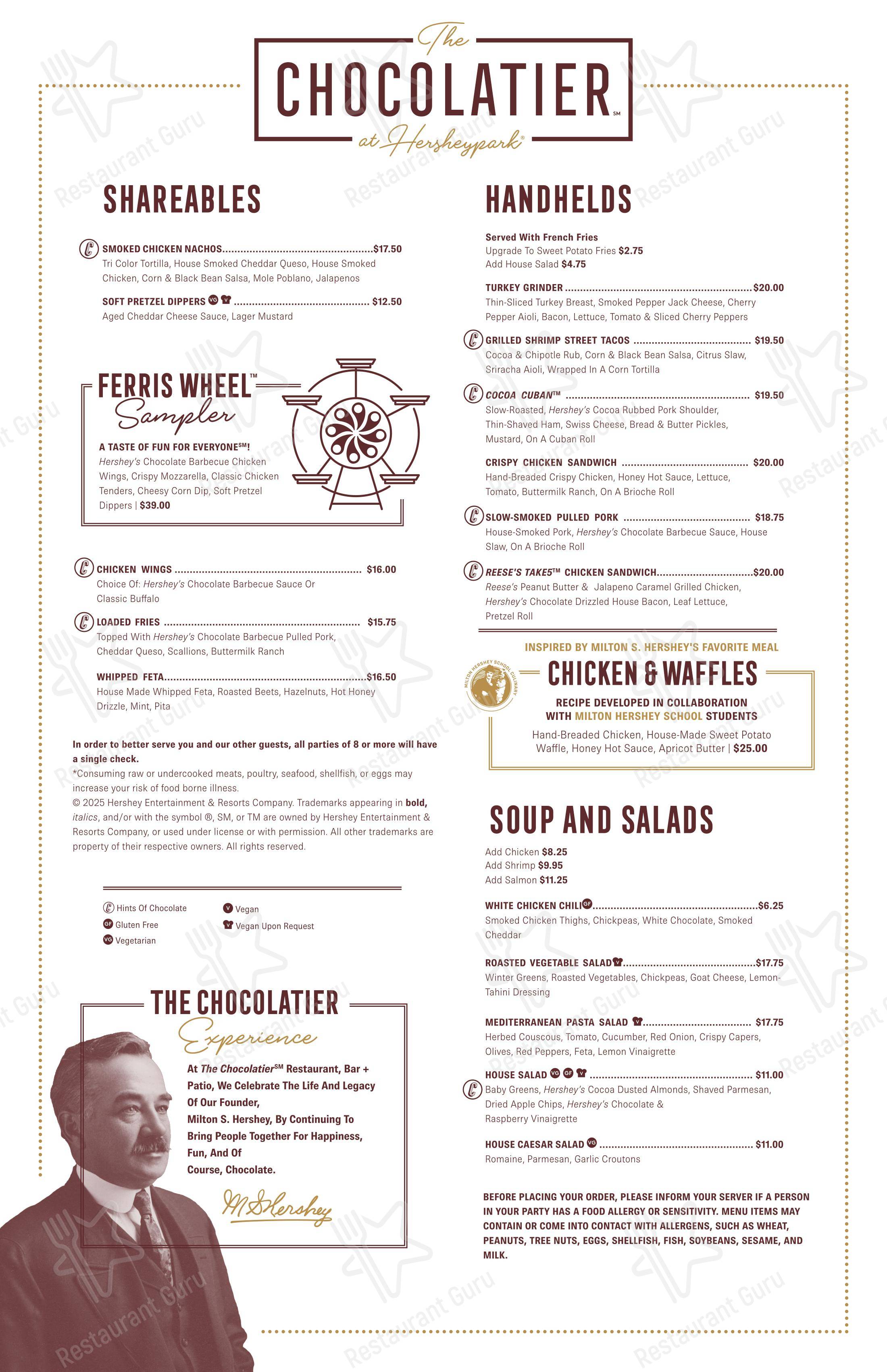 Menu at The Chocolatier pub & bar, Hershey, 100 Hersheypark Dr
