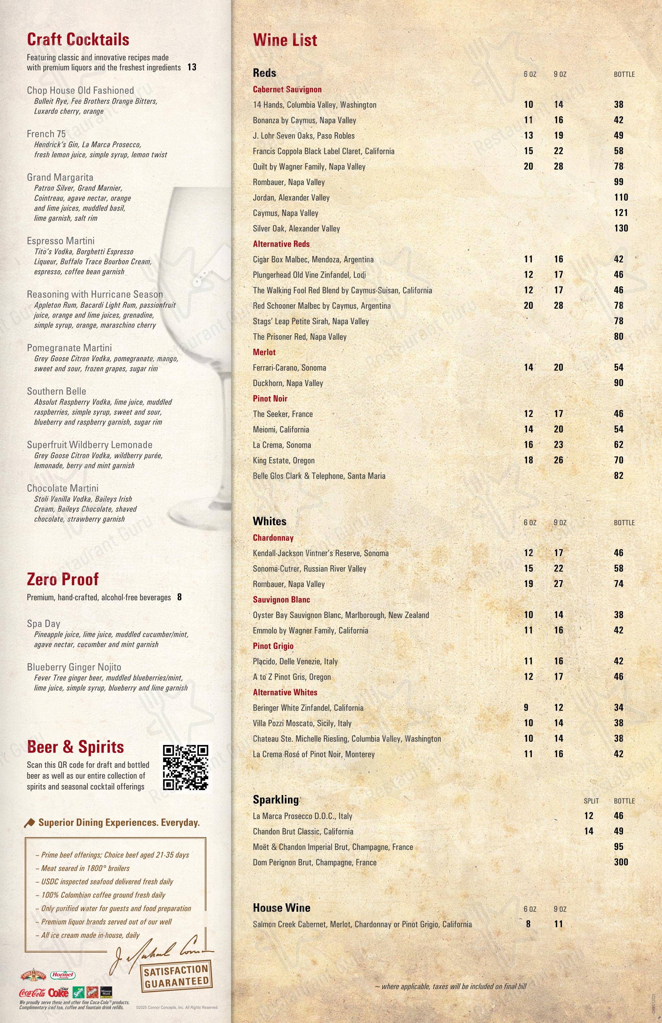 Menu at The Chop House steakhouse, Murfreesboro