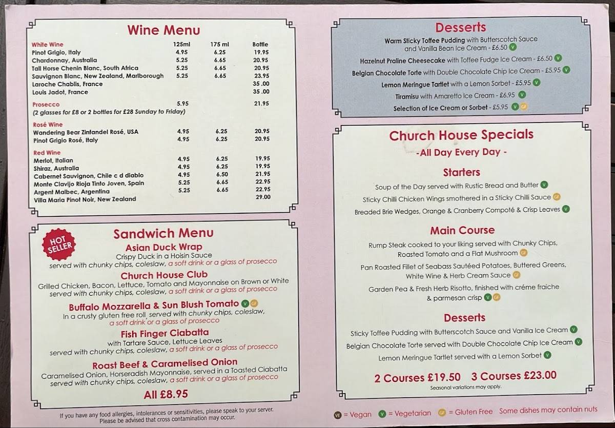 Menu at The Church House restaurant, Banbury