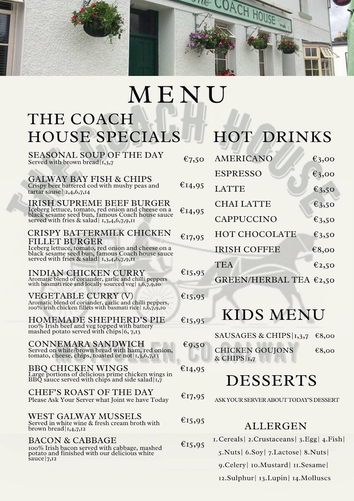 Menu at The Coach House Moycullen co. Galway pub & bar, Moycullen