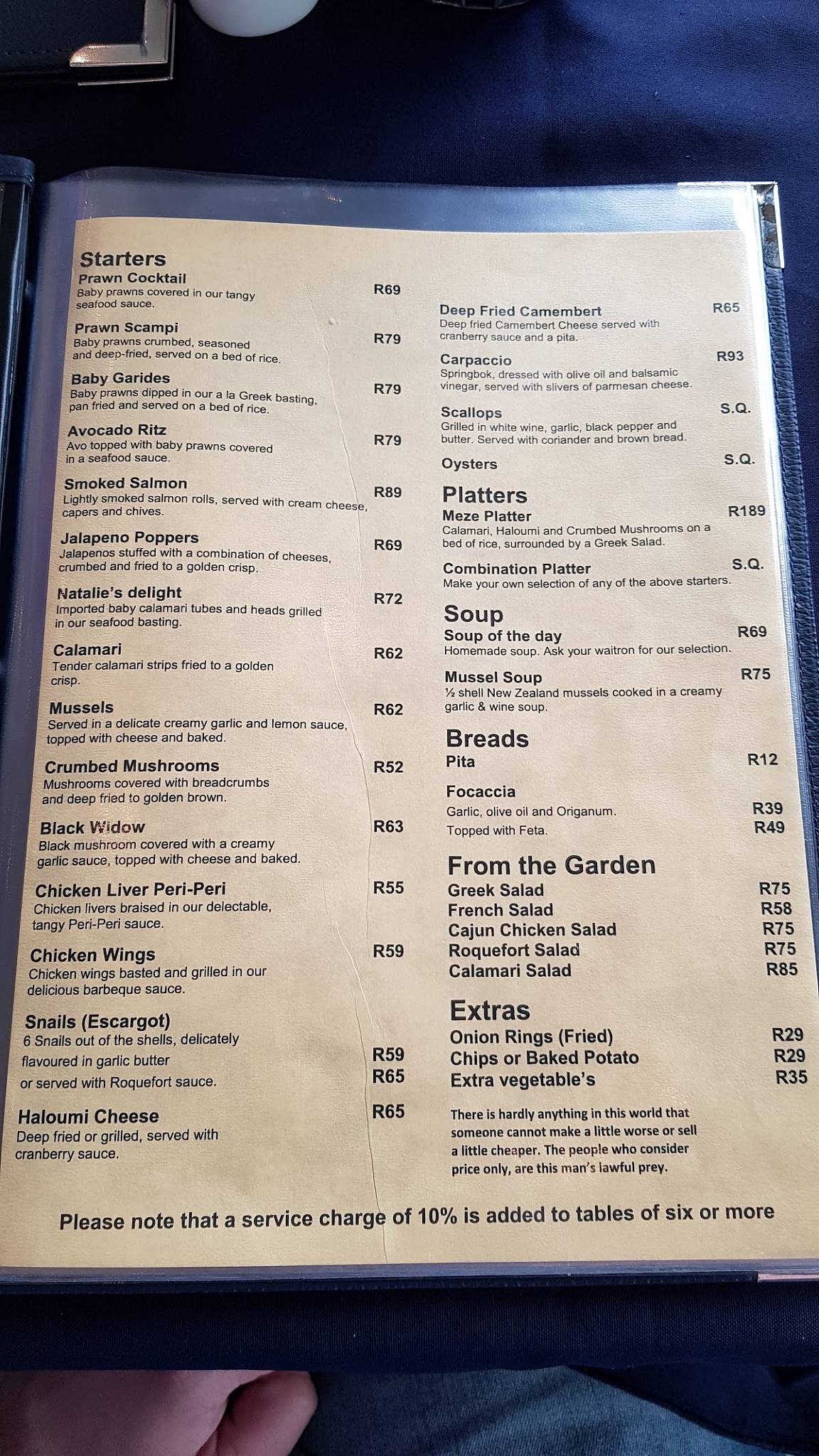 Menu at The Coachman Restaurant, Port Elizabeth, Brookes on the bay