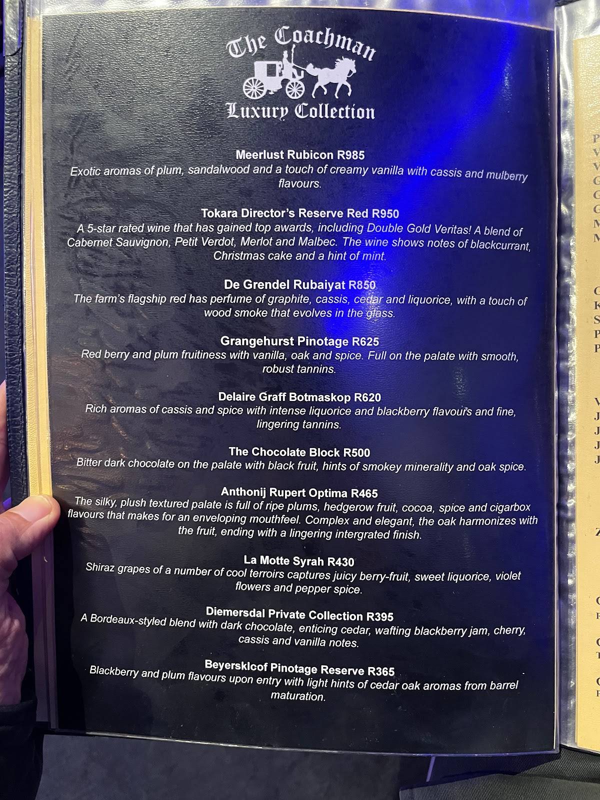 Menu at The Coachman Restaurant, Port Elizabeth, Brookes on the bay