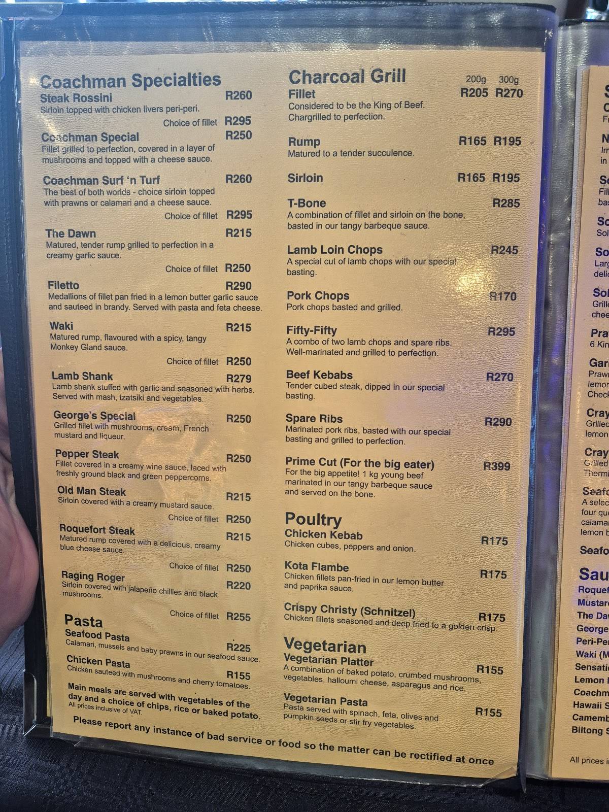 Menu at The Coachman Restaurant, Port Elizabeth, Brookes on the bay