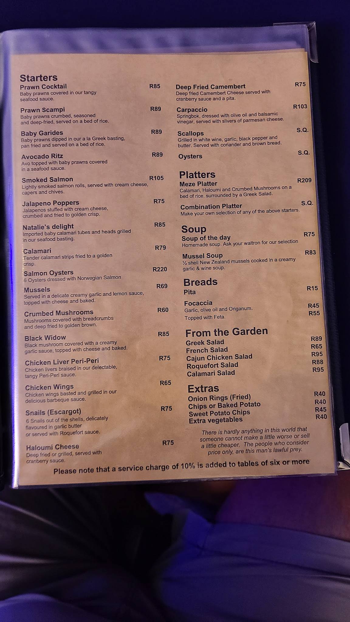 Menu at The Coachman Restaurant, Port Elizabeth, Brookes on the bay
