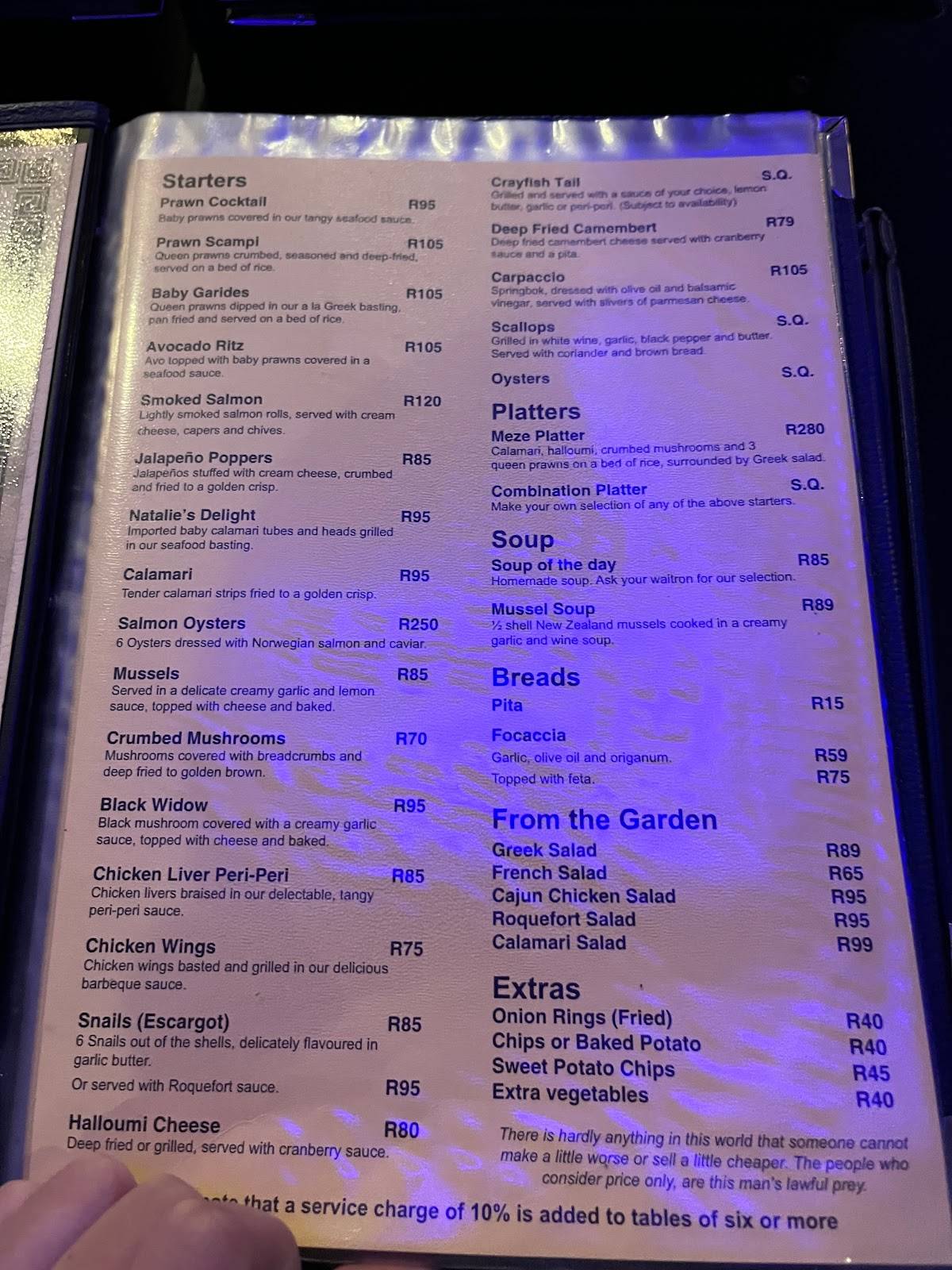 Menu at The Coachman Restaurant, Port Elizabeth, Brookes on the bay