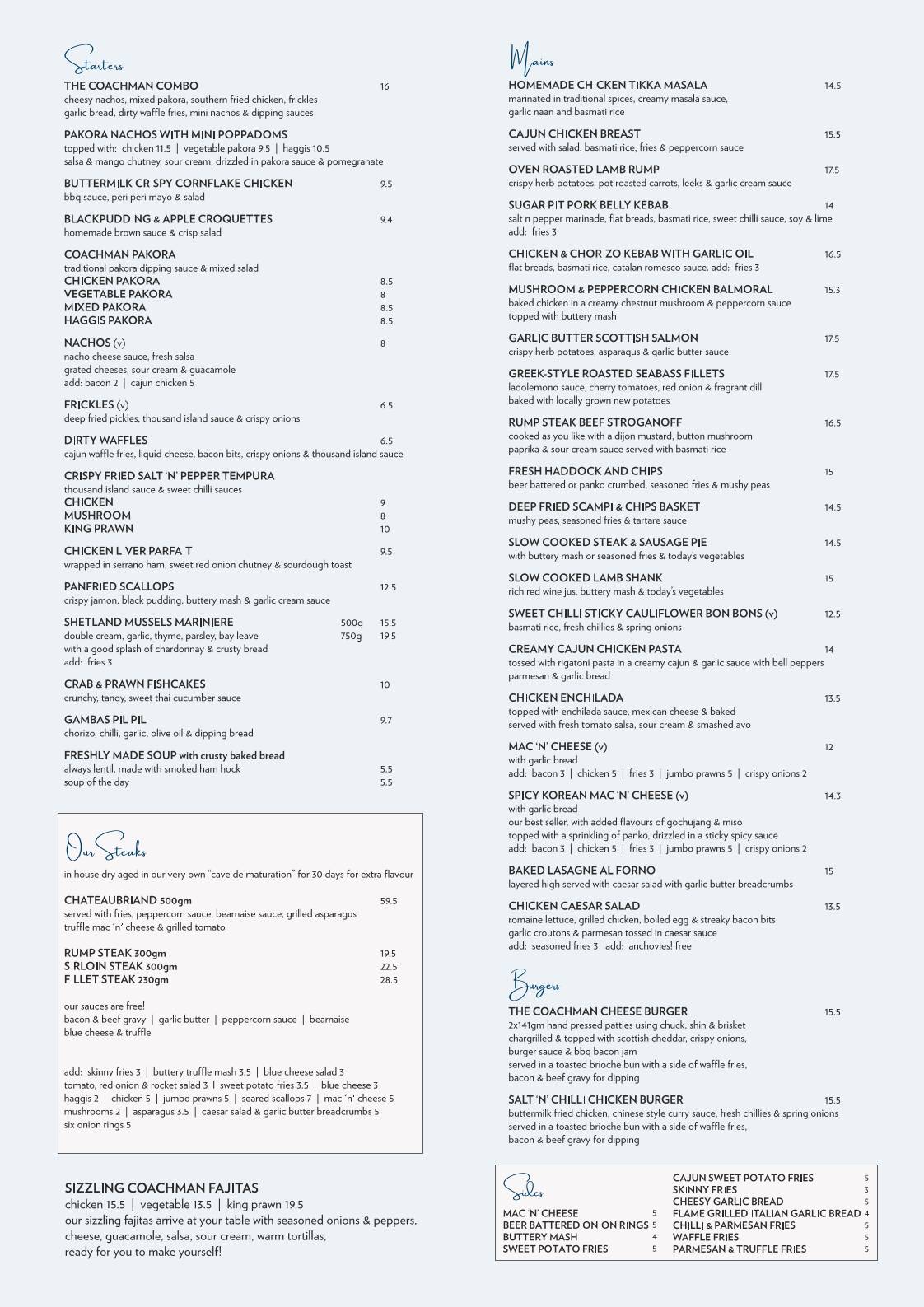Menu at The Coachman restaurant, Glasgow