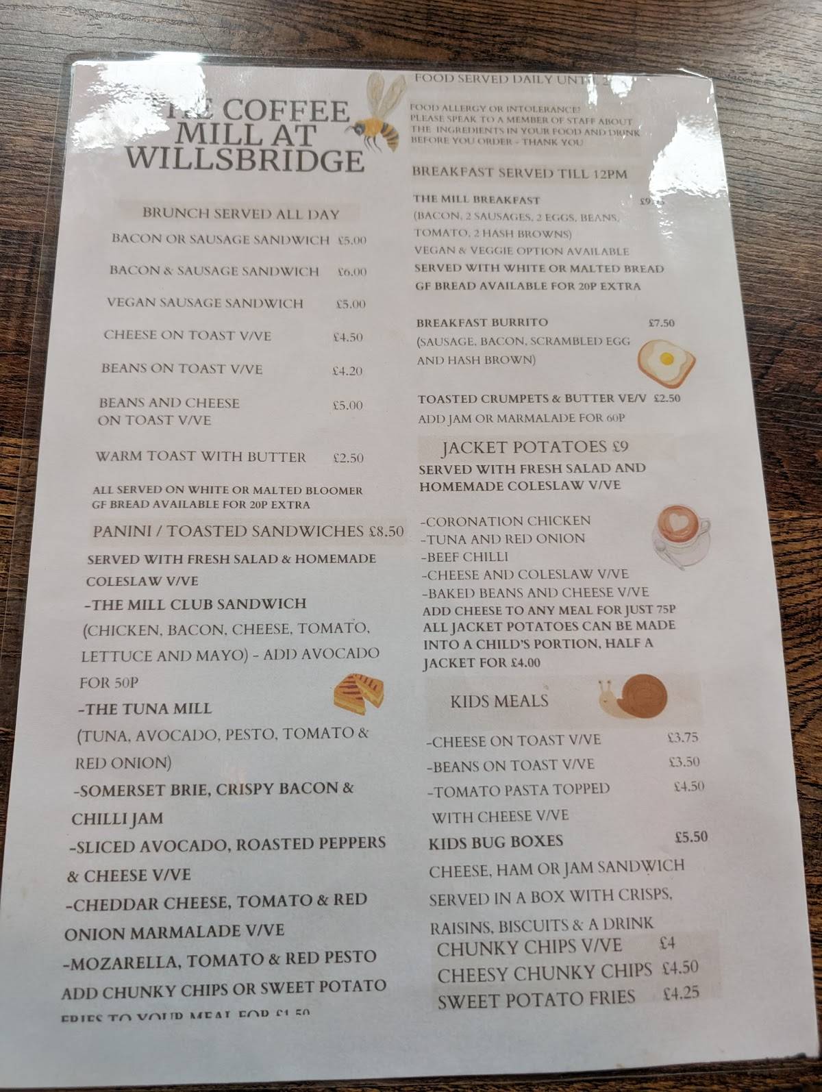 Menu at The Coffee Mill @ Willsbridge cafe, Bristol