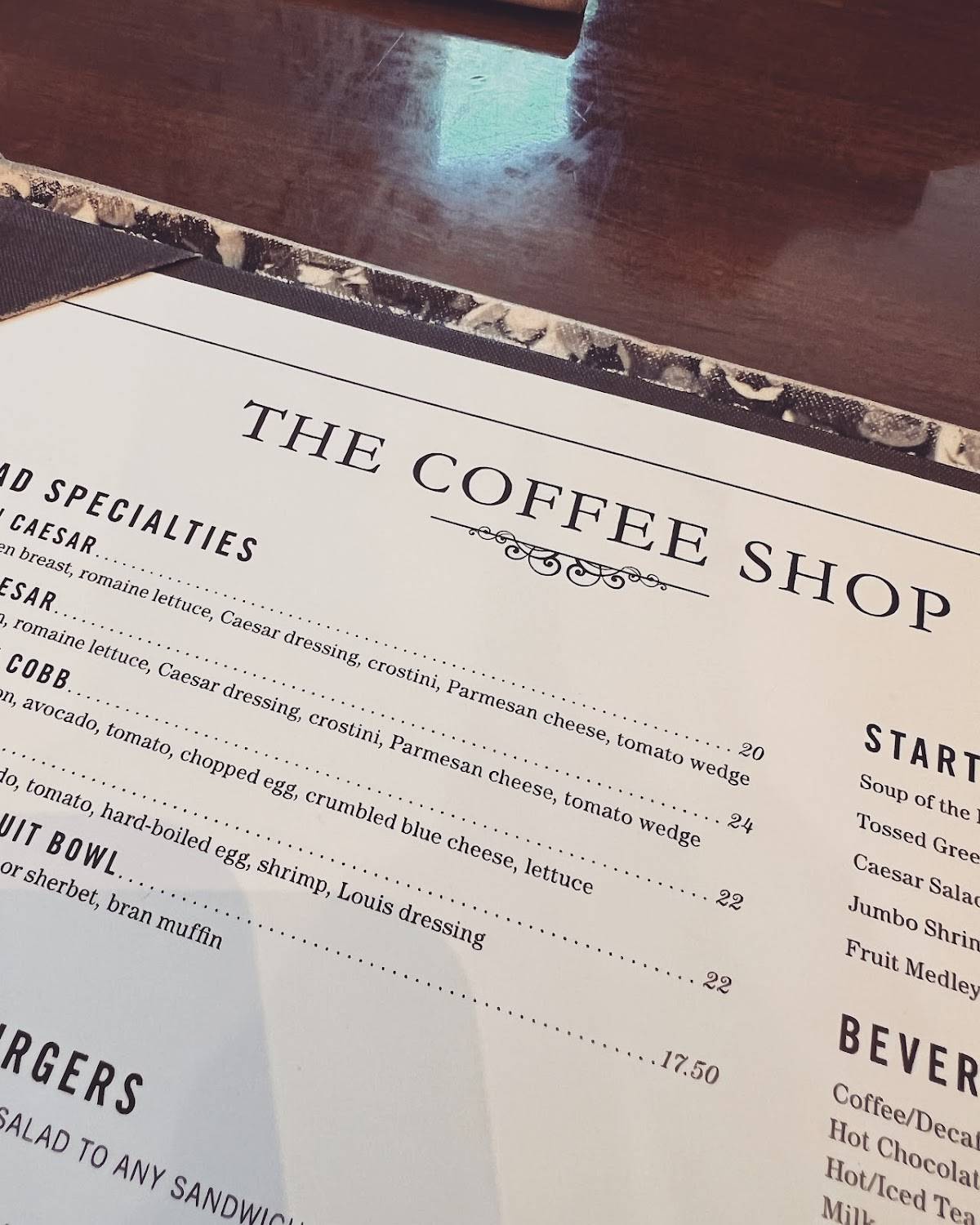 Menu at The Coffee Shop at Little America Hotel restaurant, Salt Lake City