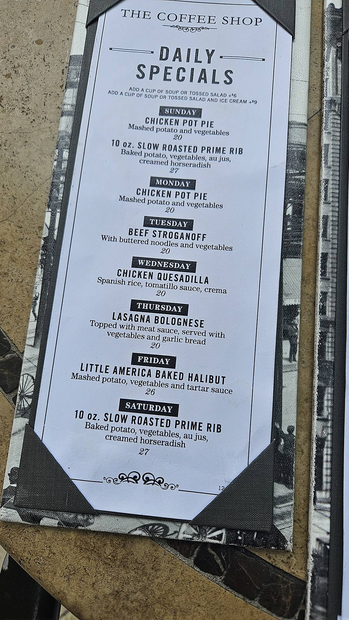 Menu at The Coffee Shop at Little America Hotel cafe, Salt Lake City