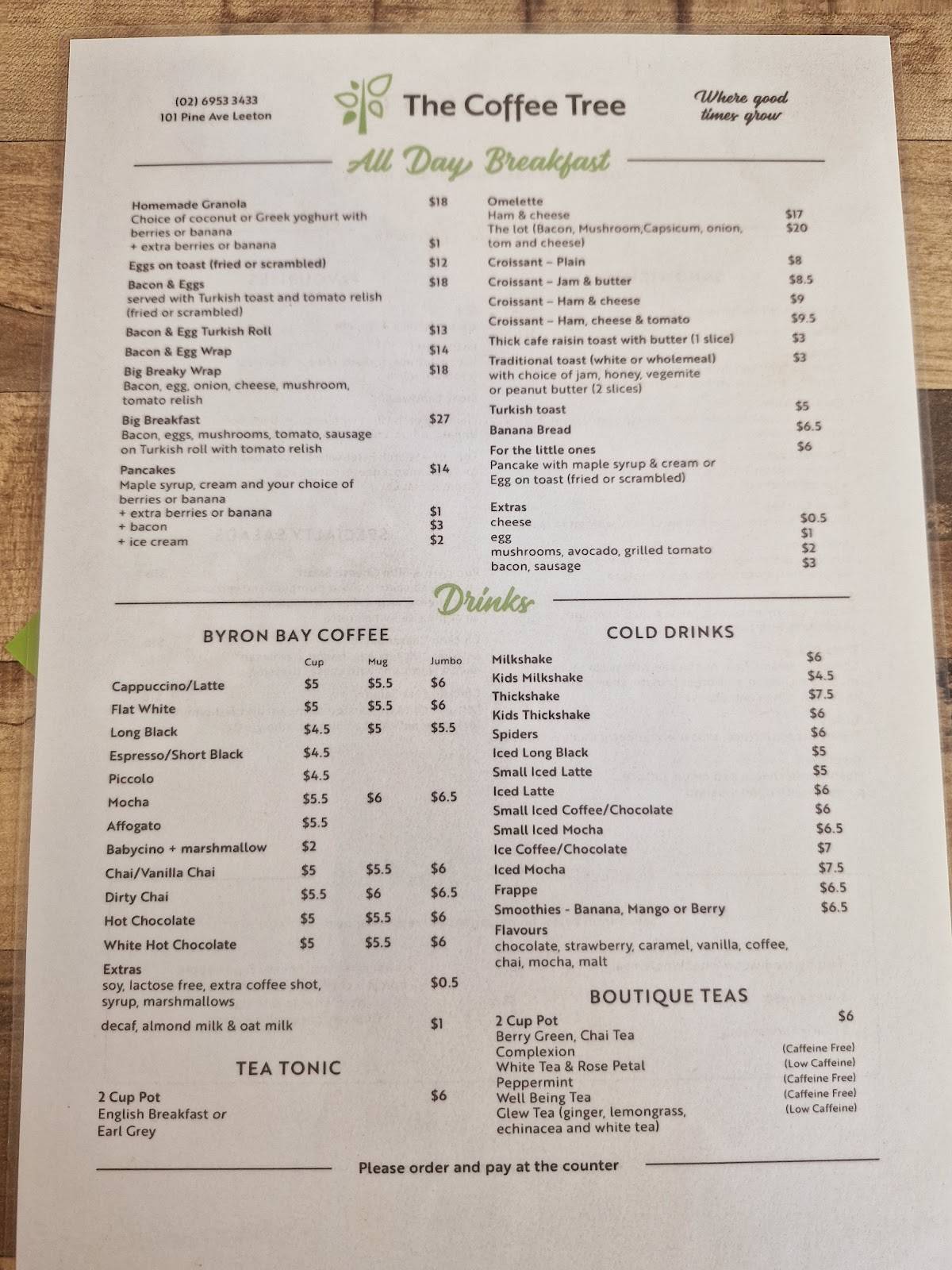 Menu at The Coffee Tree restaurant, Leeton