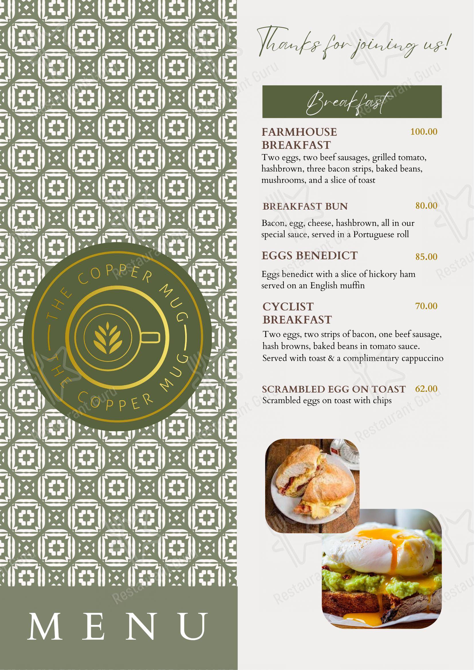 Menu at The Copper Mug restaurant, Johannesburg South
