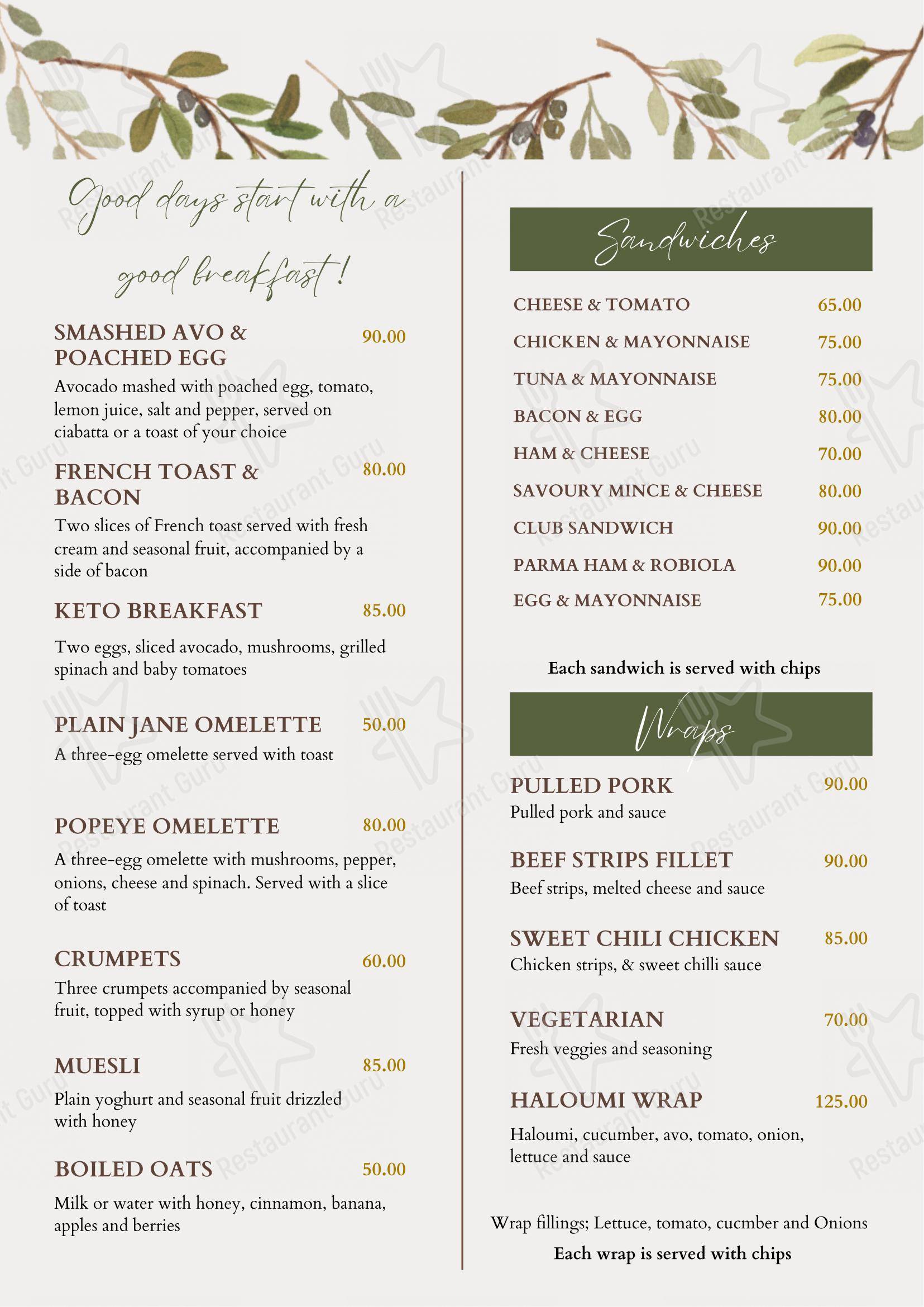 Menu at The Copper Mug restaurant, Johannesburg South