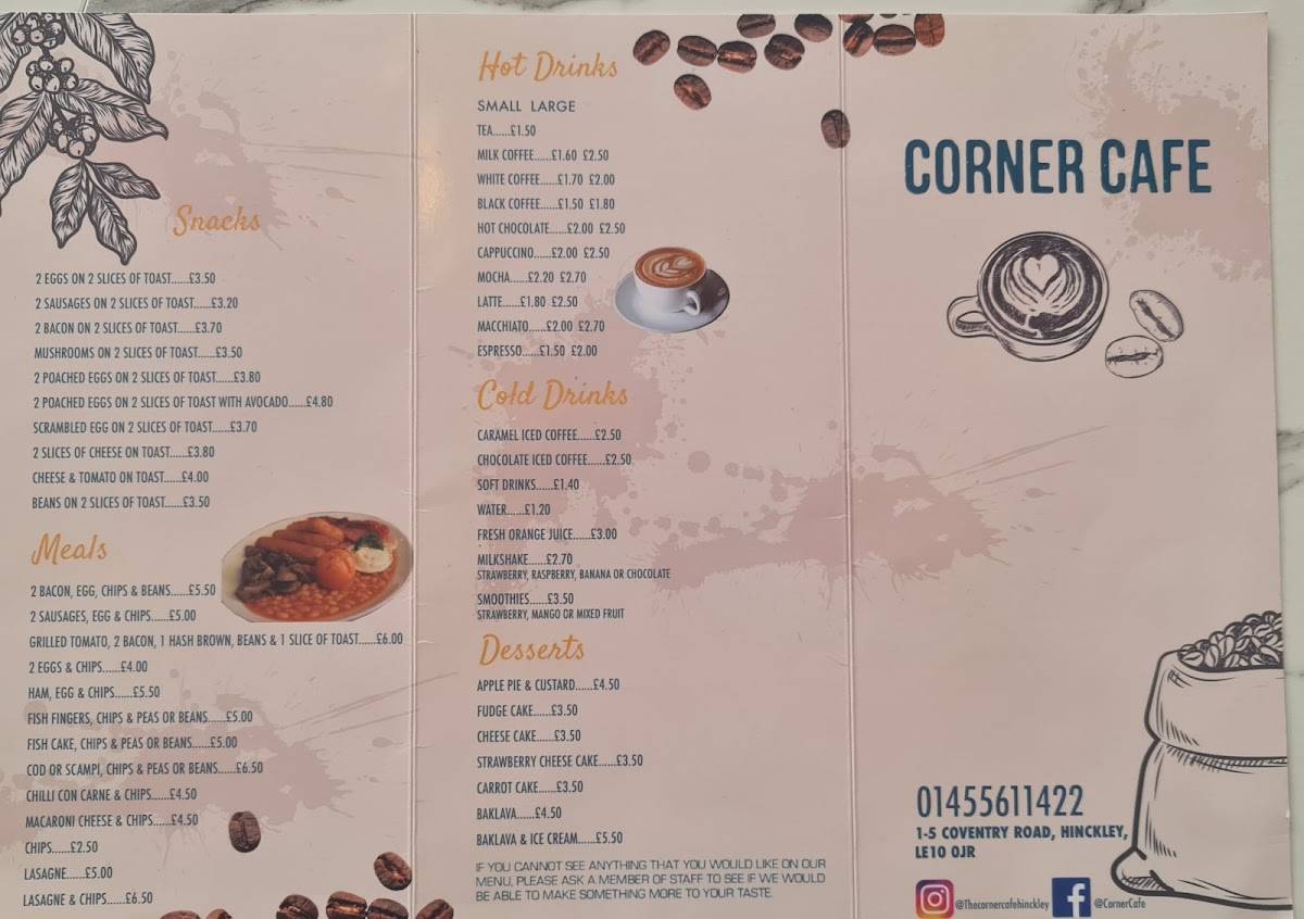 Menu at The Corner Cafe, Hinckley