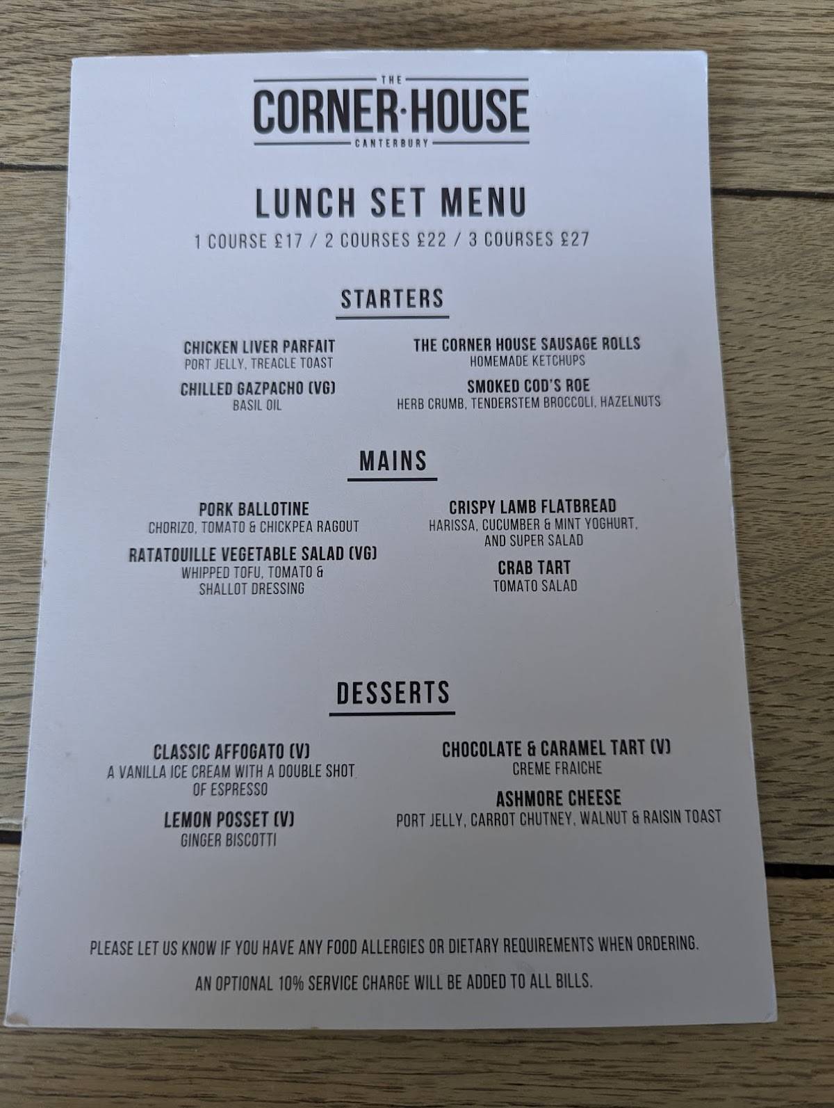 Menu at The Corner House restaurant, Canterbury