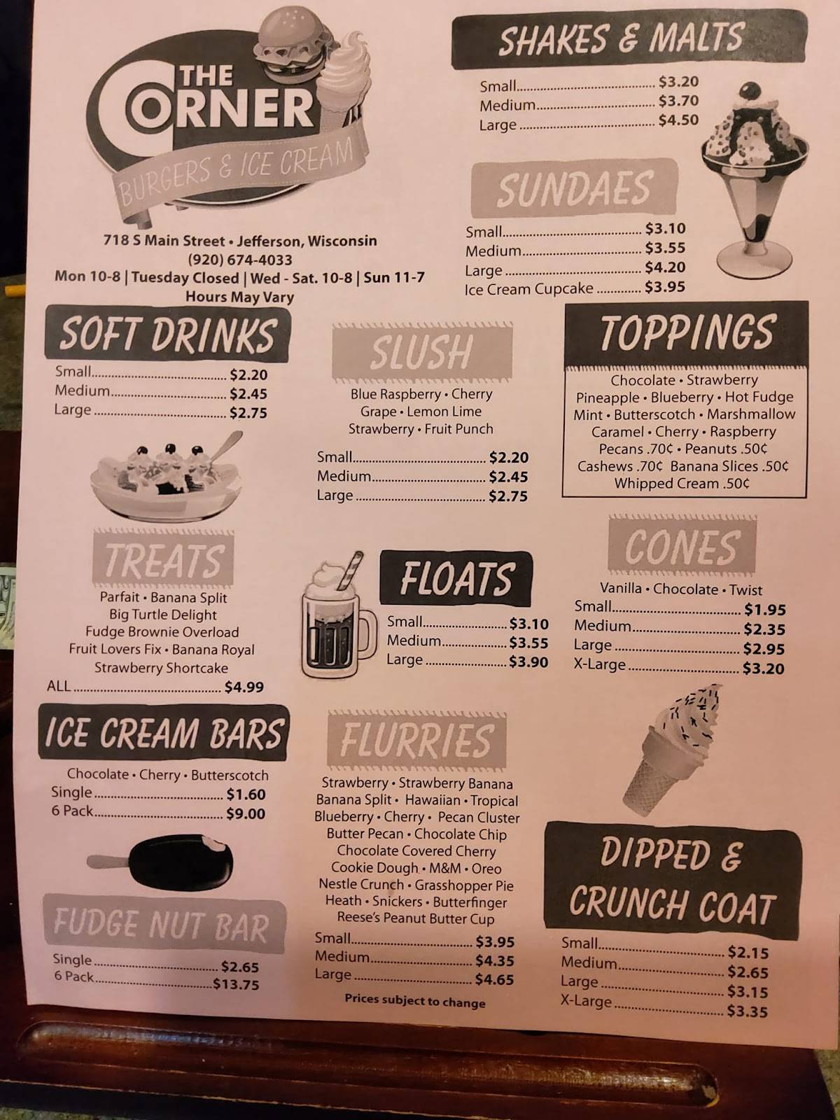 Menu at The Corner restaurant, Jefferson, 718 S Main St