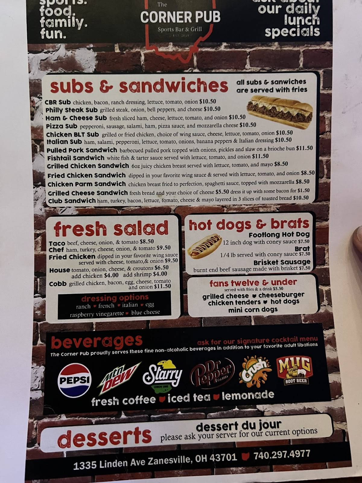 Menu at The Corner Pub Sports Bar and Grill, Zanesville