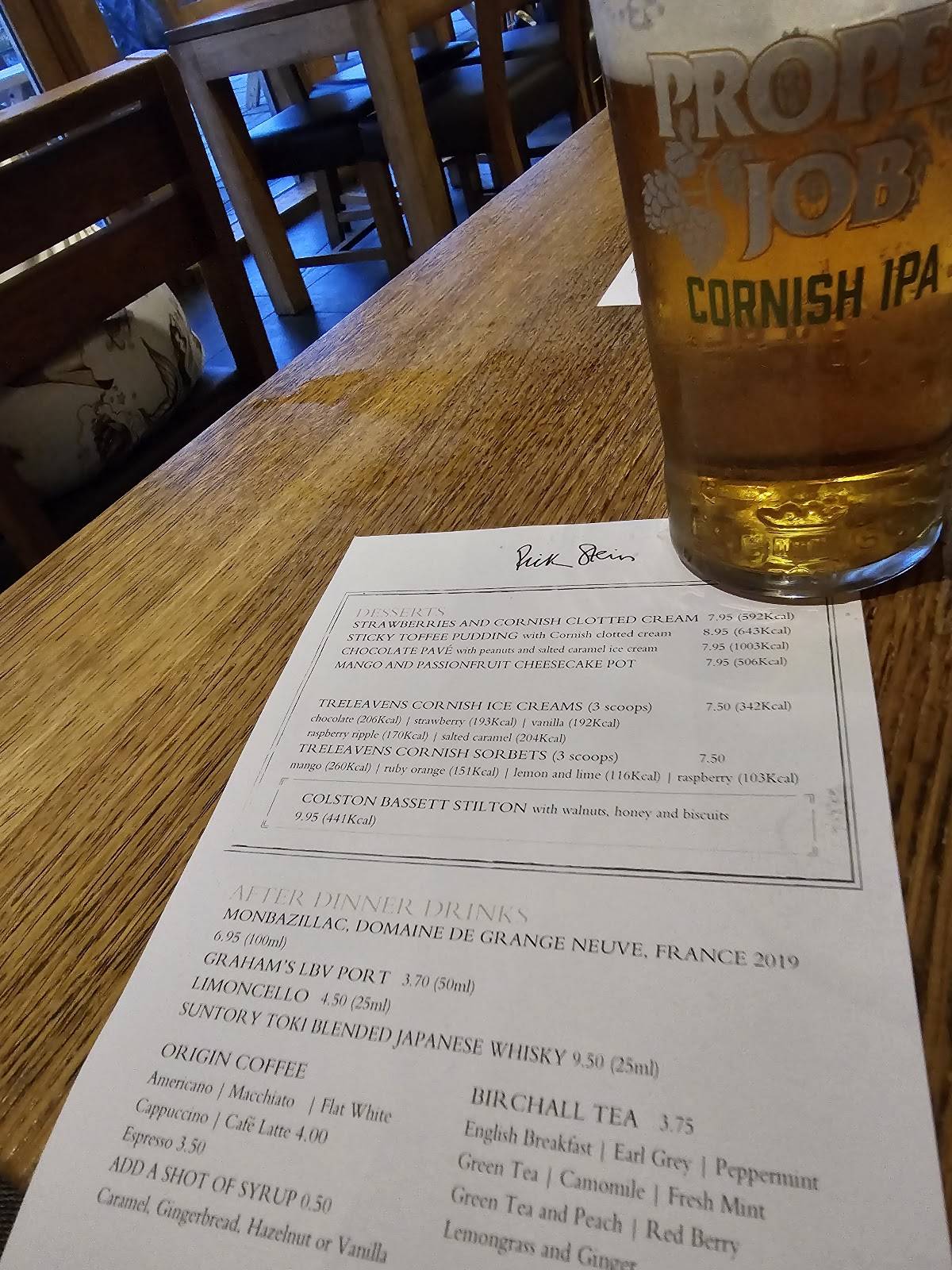 Menu at The Cornish Arms restaurant, Padstow