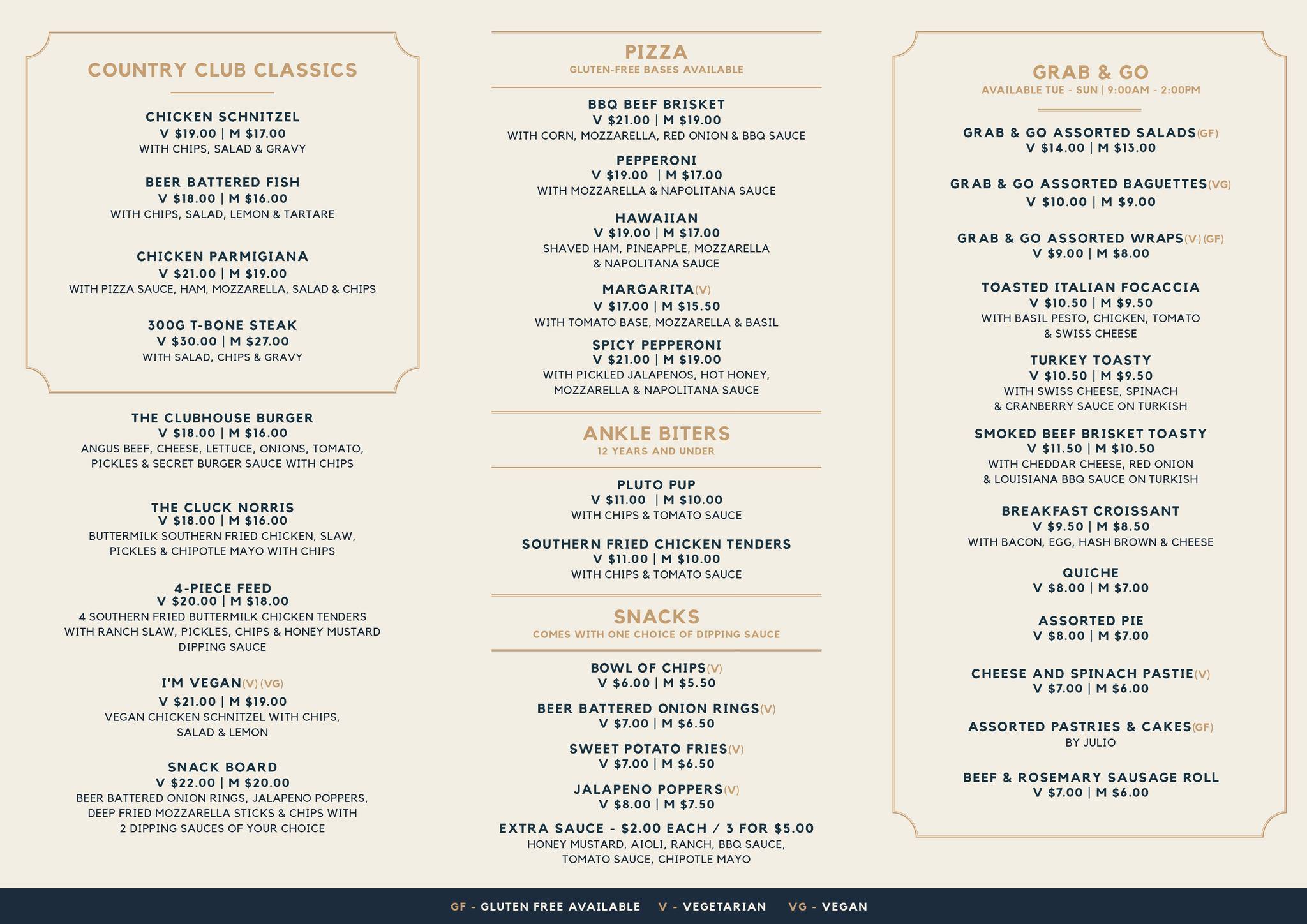 Menu at The Country Club Orange NSW, Orange