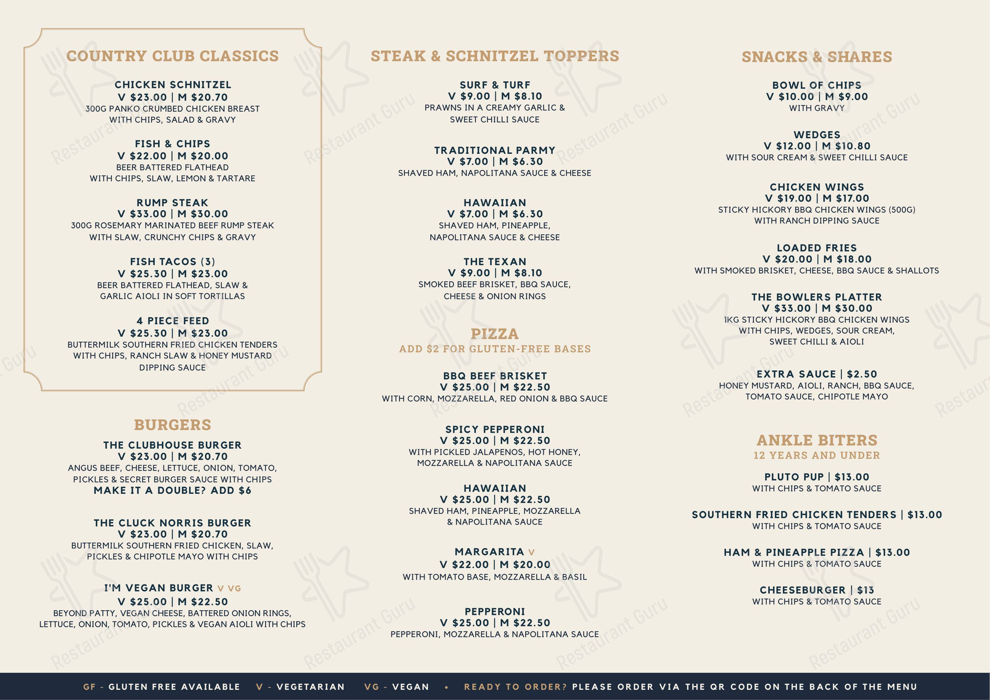 Menu at The Country Club Orange NSW, Orange