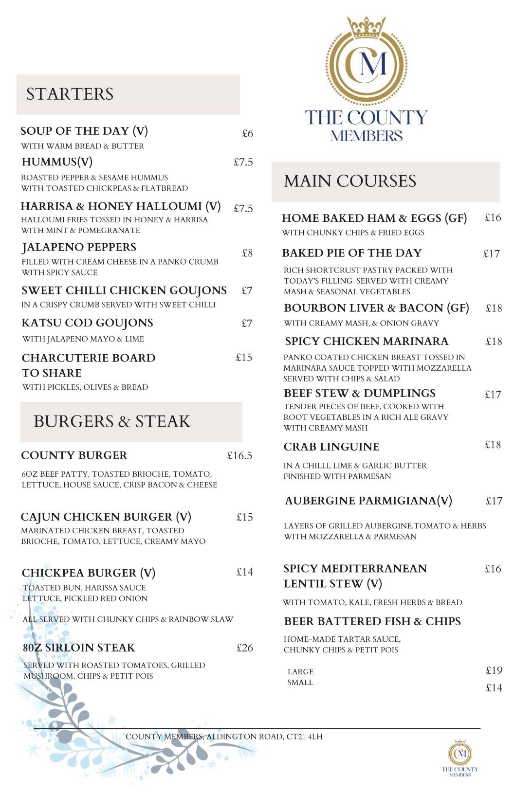 Menu at The County Members pub & bar, Hythe