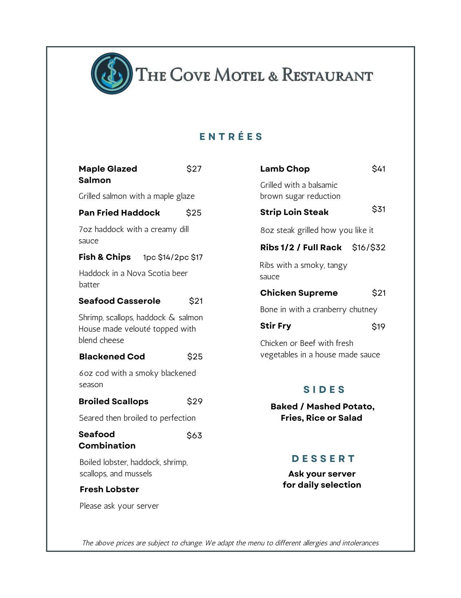 Menu at The Cove restaurant, Aulds Cove
