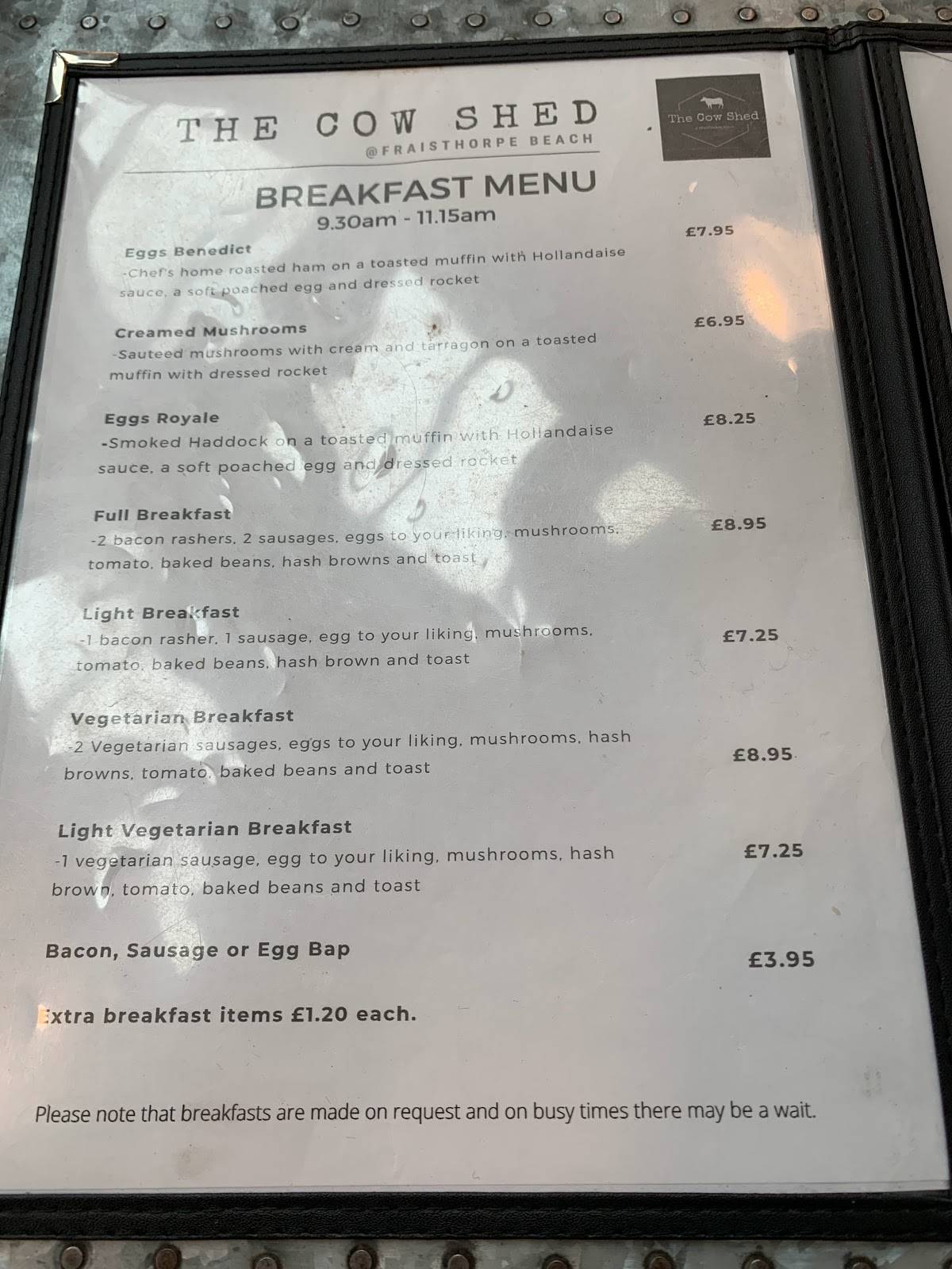 Menu at The Cow Shed At Fraisthorpe Beach cafe, Bridlington