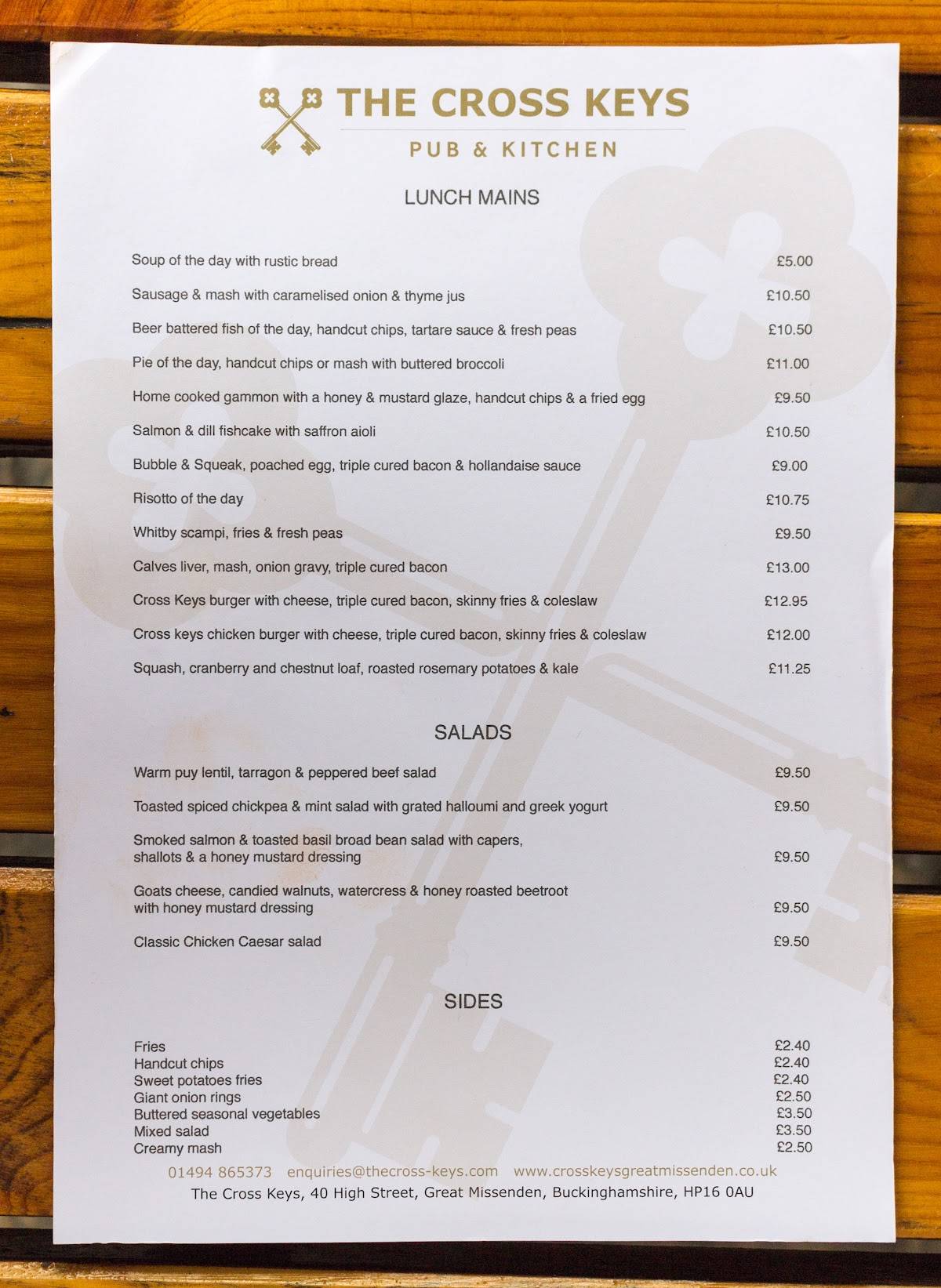 Menu at The Cross Keys restaurant, Great Missenden