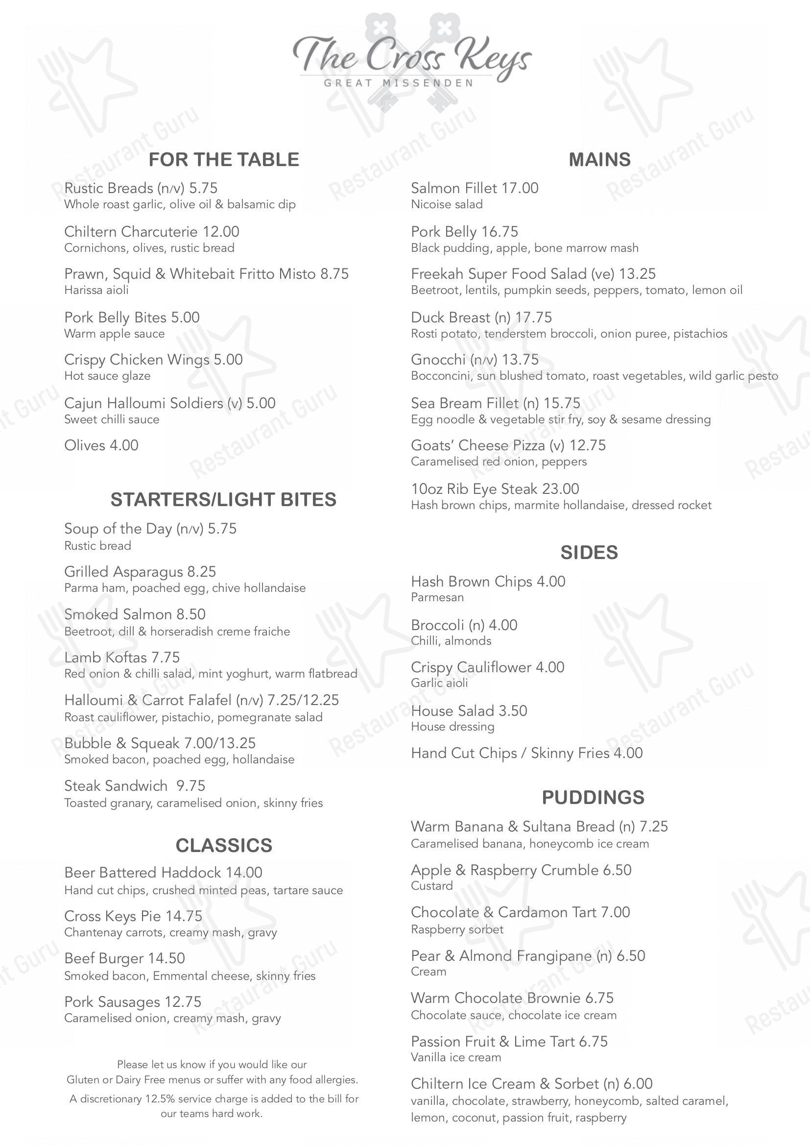 Menu at The Cross Keys restaurant, Great Missenden