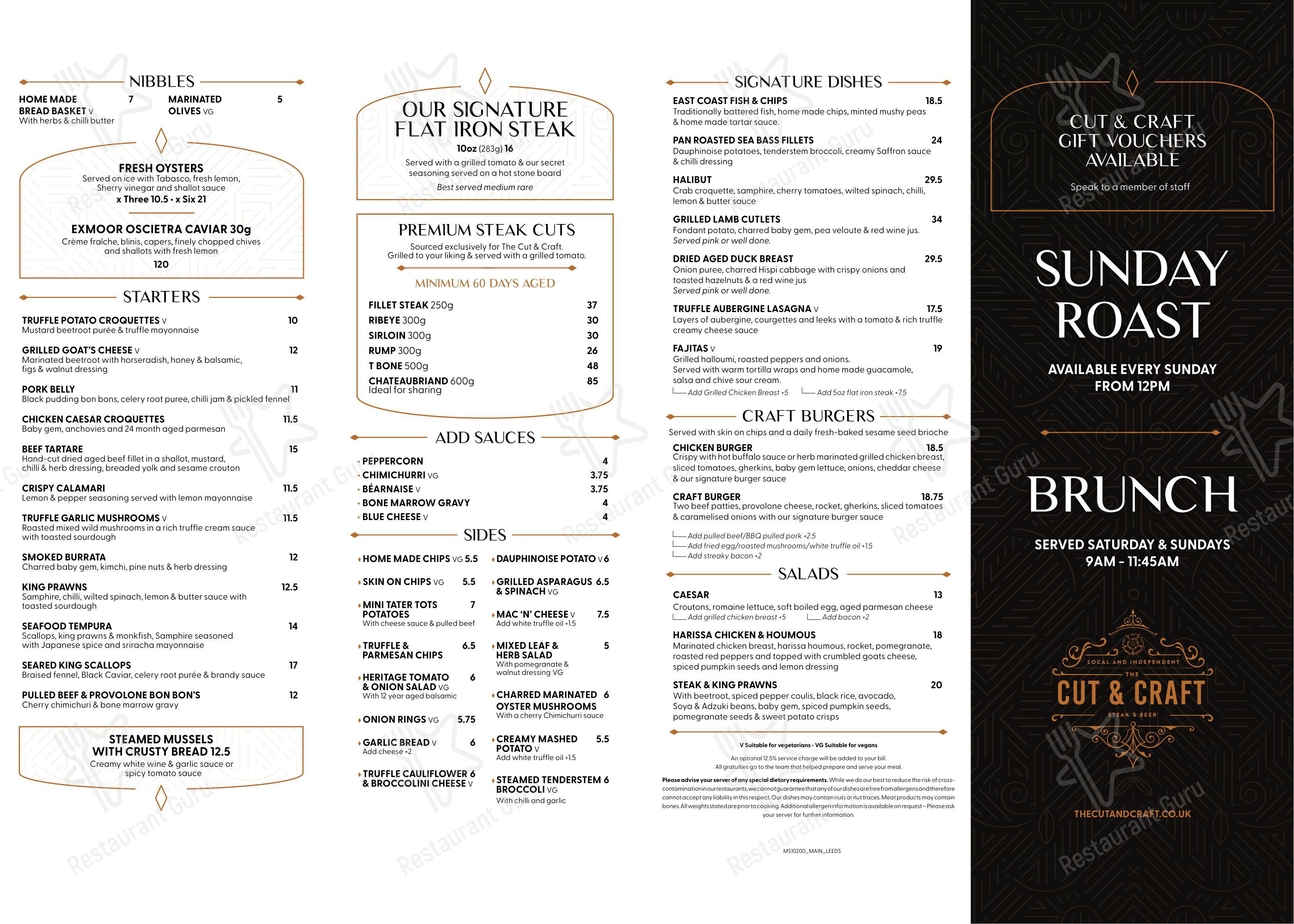 Menu at The Cut & Craft Leeds restaurant, Leeds, 23 King Edward St