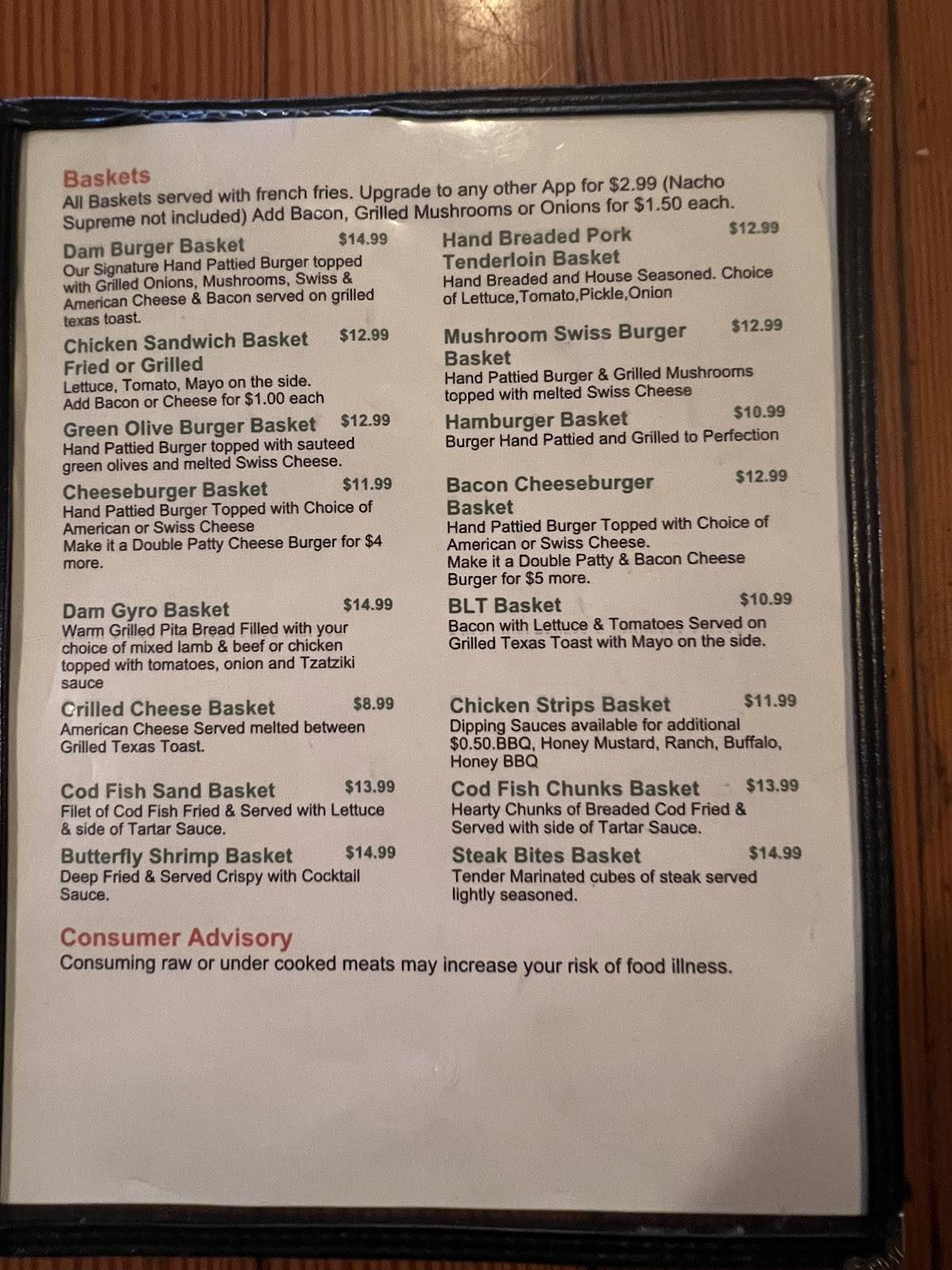 Menu at The Dam Bar & Grill, Guttenberg