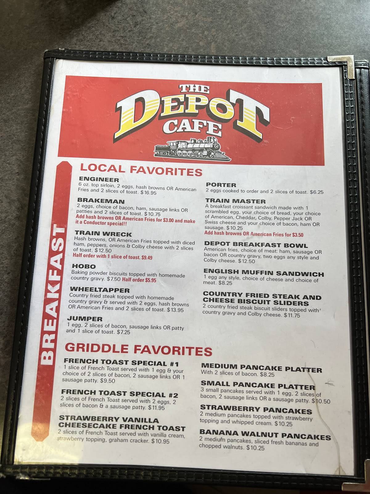 Menu at The Depot Cafe, Jamestown