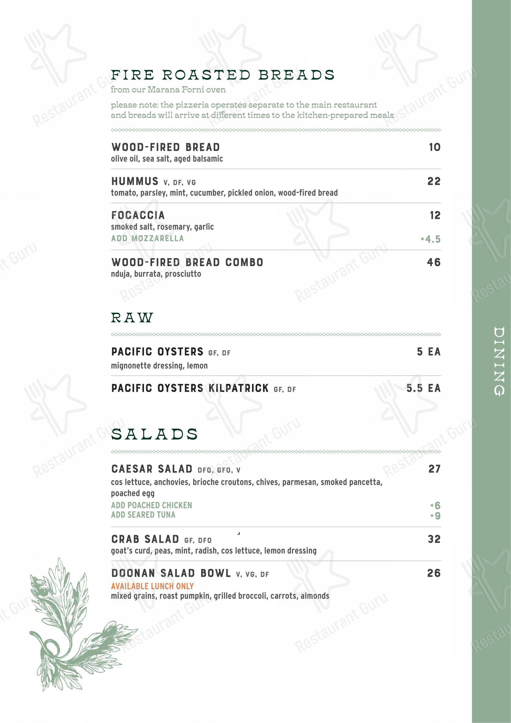 Menu at The Doonan restaurant, Australia