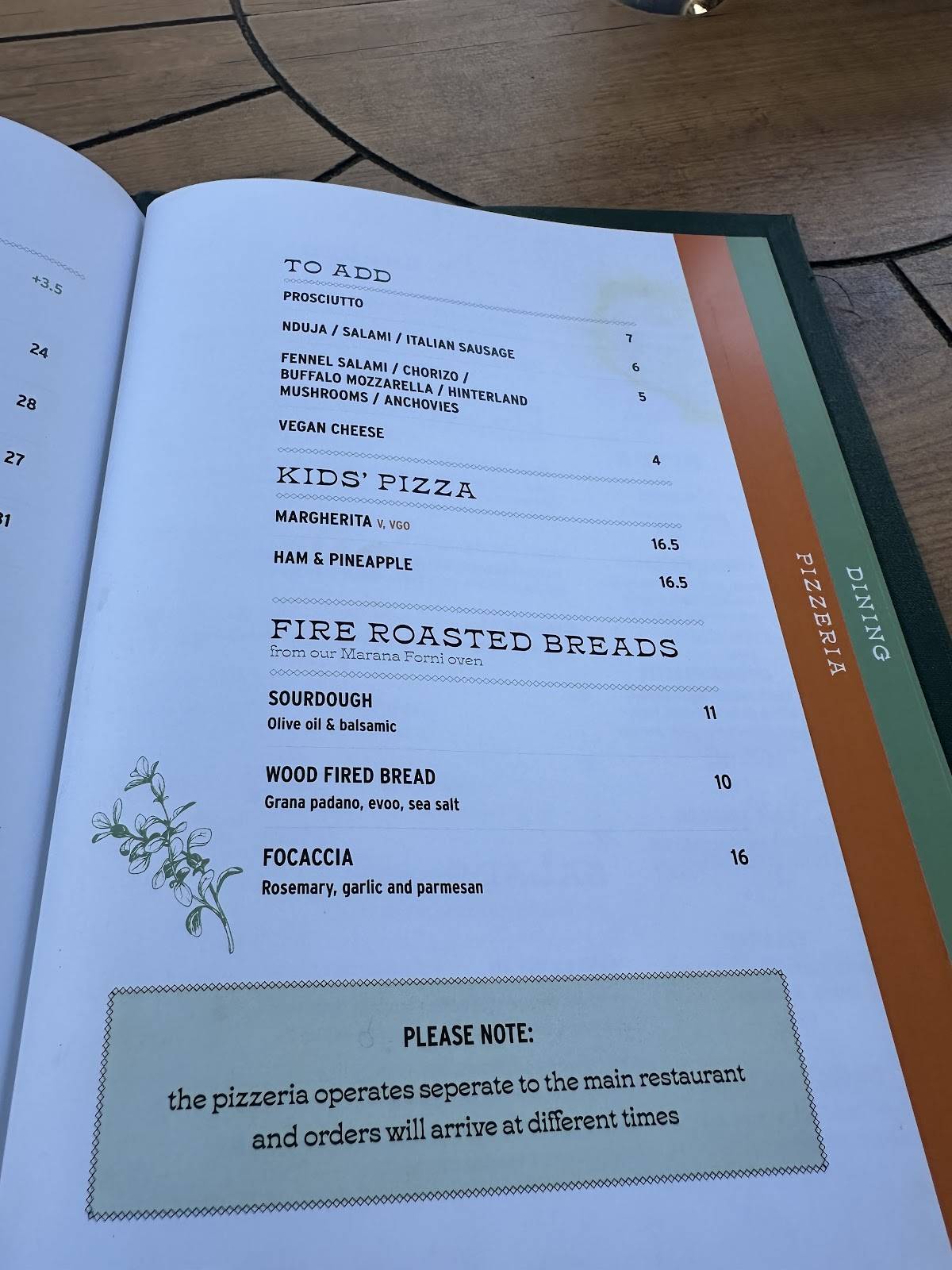 Menu at The Doonan restaurant, Australia
